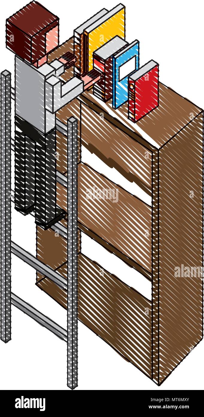 man employee in stairs putting books on bookshelf isometric vector ...