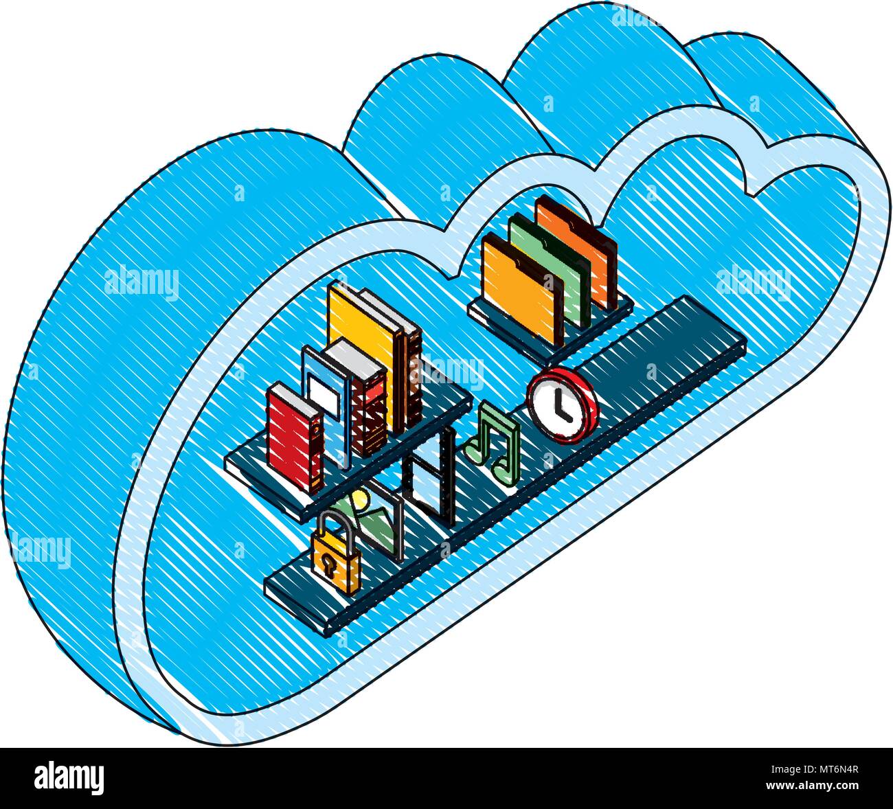 cloud storage computing books music photo file clock isometric vector ...