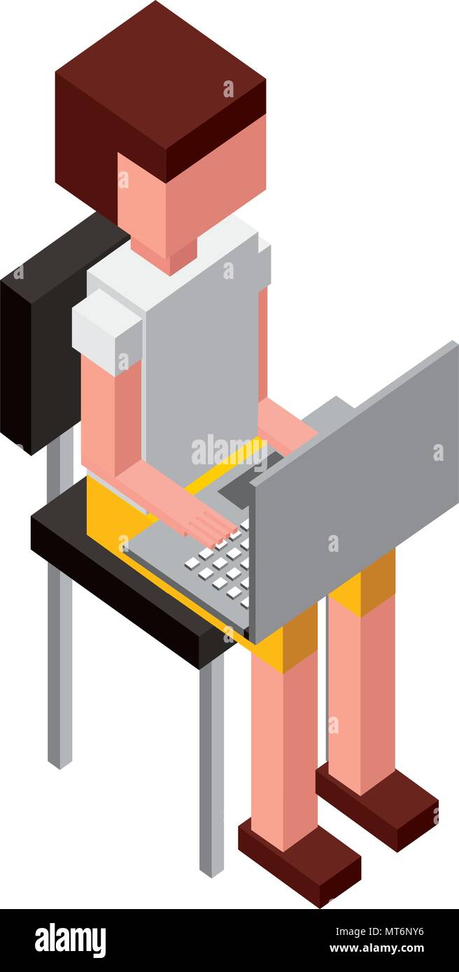 young man working in laptop isometric avatar character icon vector ...