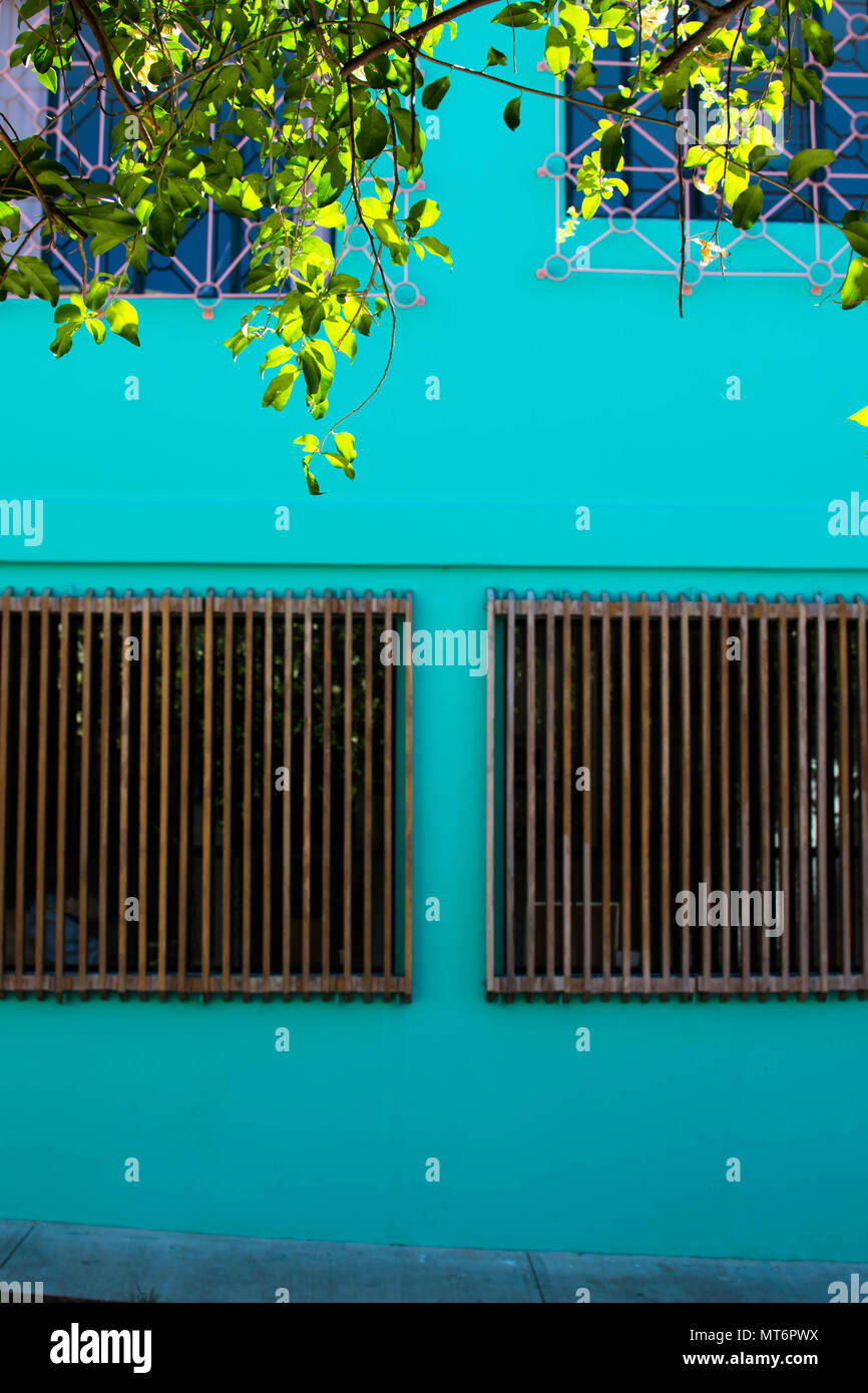 San Jose, Costa Rica. February 2, 2018. A bright blue building with ...