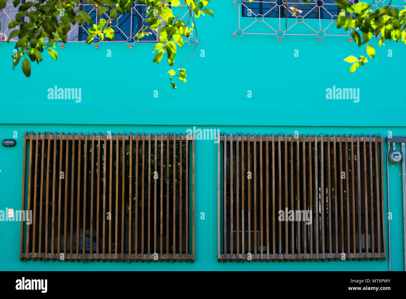San Jose, Costa Rica. February 2, 2018. A bright blue building with ...