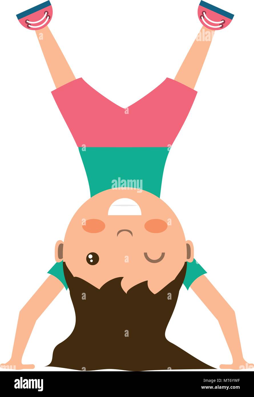 cartoon girl standing upside down over white background, colorful ...