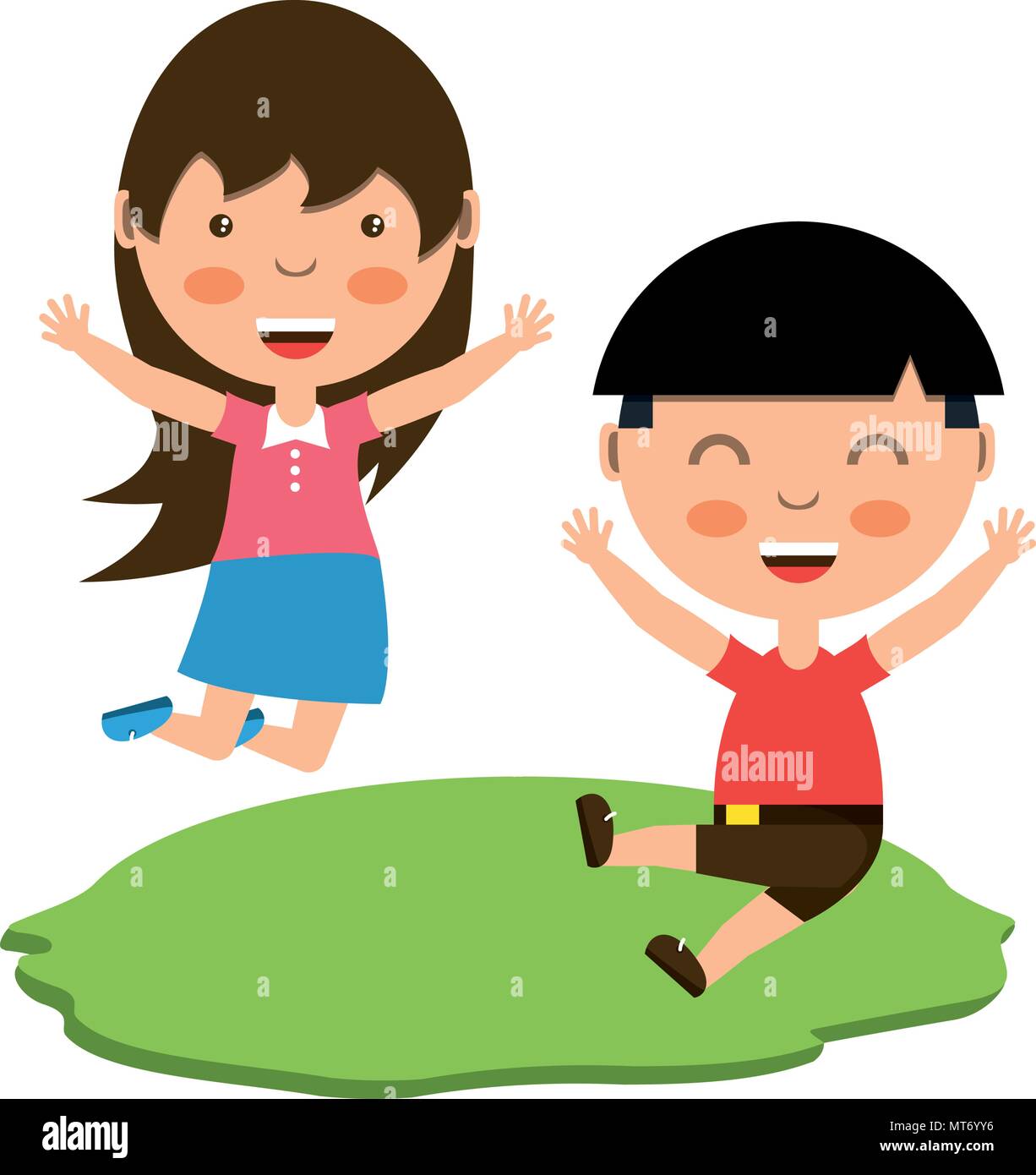 cartoon happy kids jumping in the grass over white background, vector ...