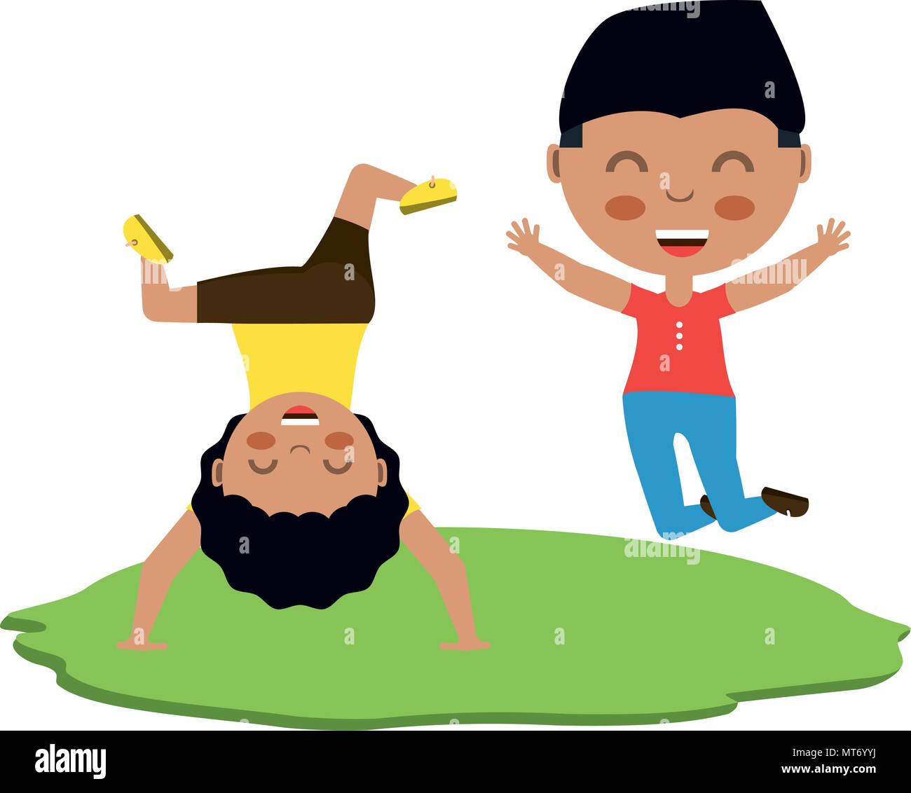 cartoon kids jumping and standing upside down in the grass over white ...