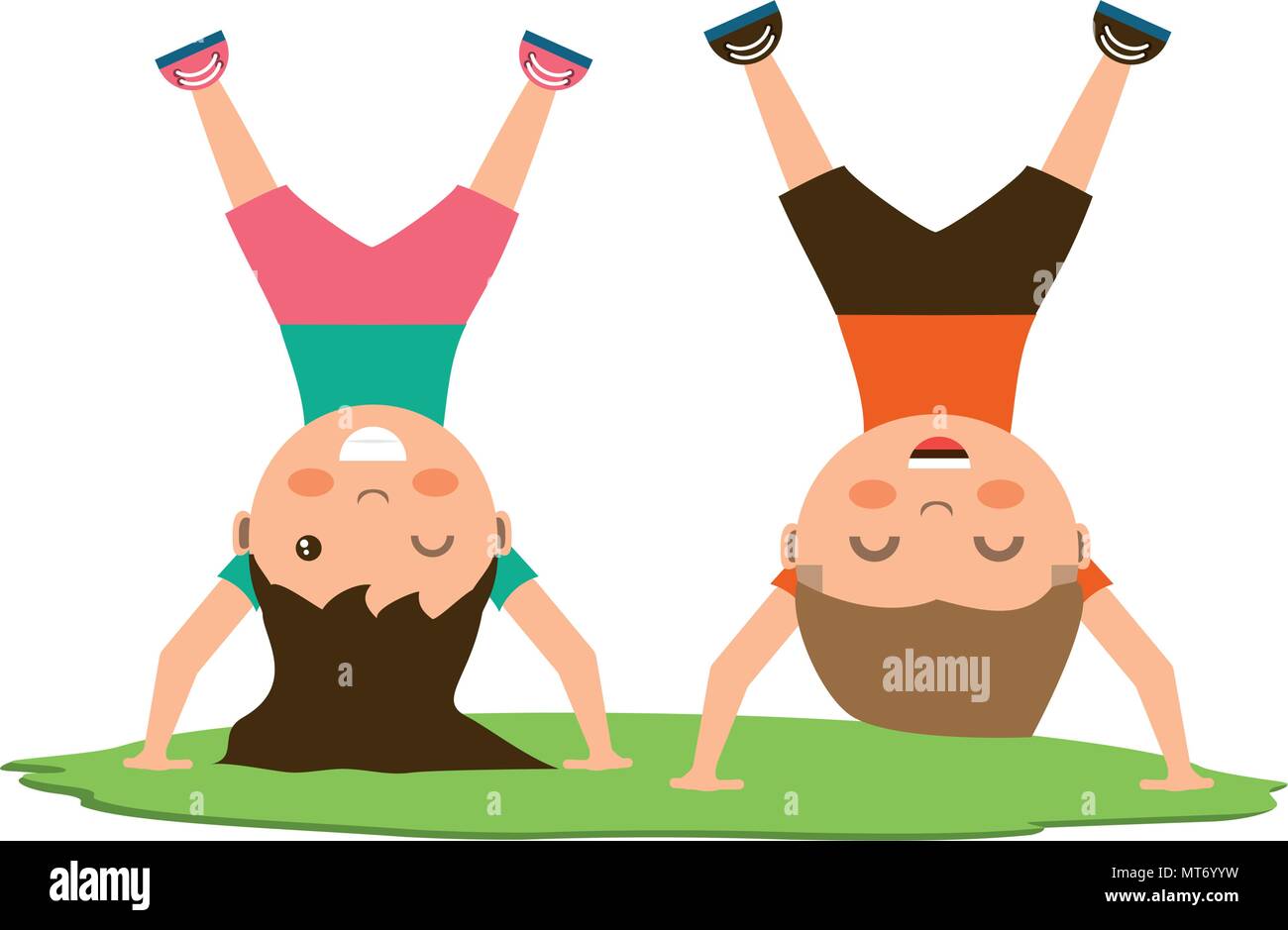cartoon happy kids standing upside down in the grass over white ...