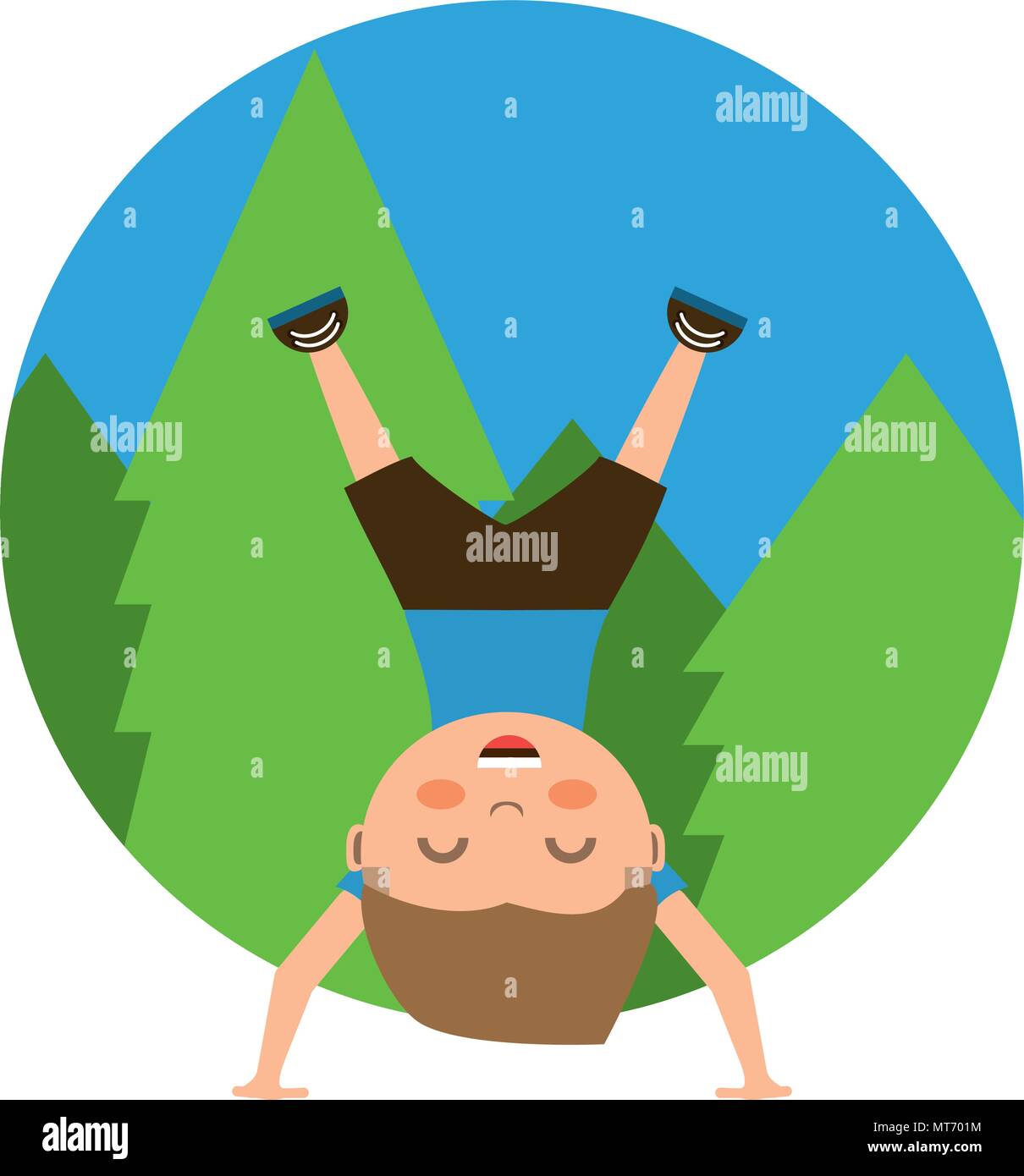 cartoon happy boy standing upside down over landscape circle and white ...