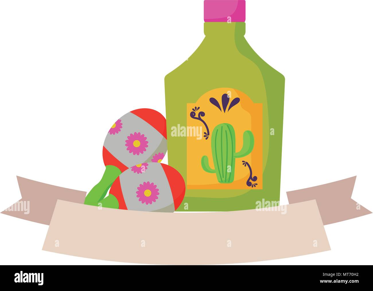 decorative ribbon with tequila bottle and maracas over white background ...