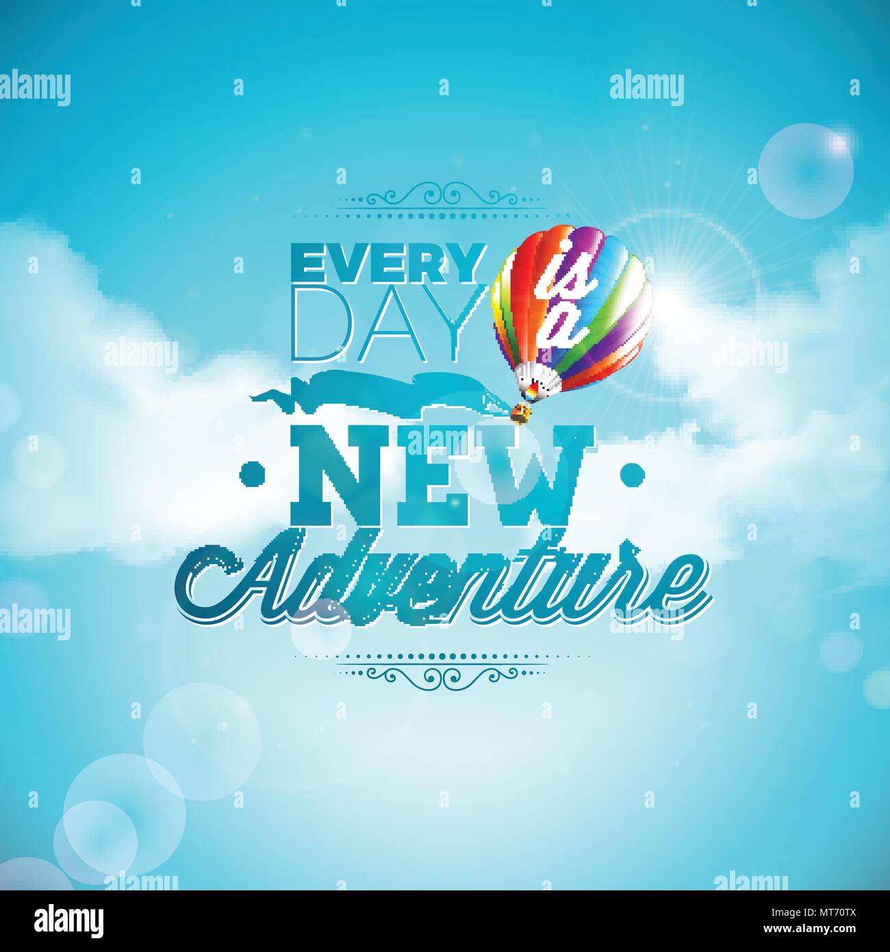 The adventure begins typography design and air balloon on blue sky ...