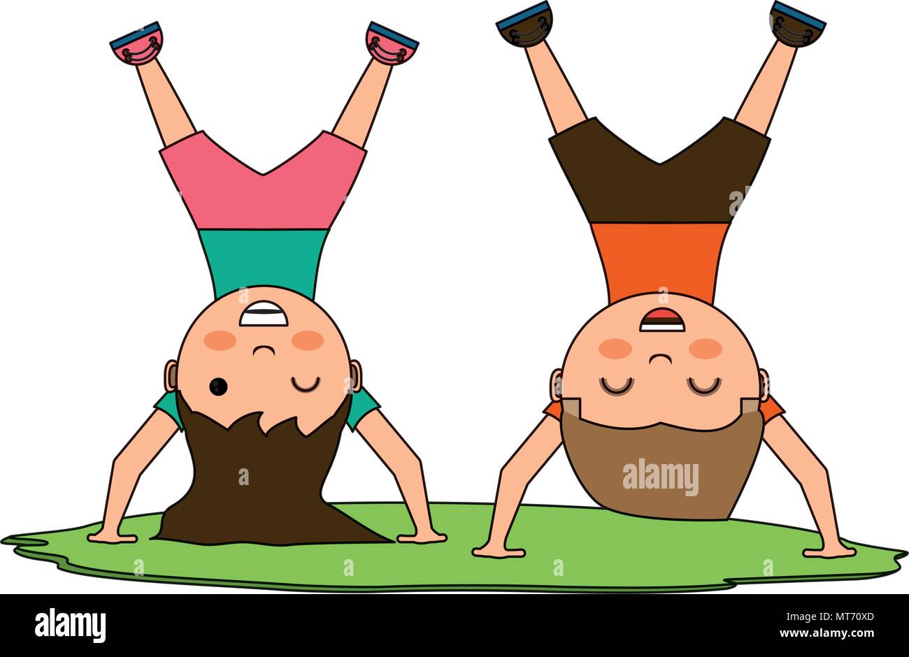 cartoon happy kids standing upside down in the grass over white ...