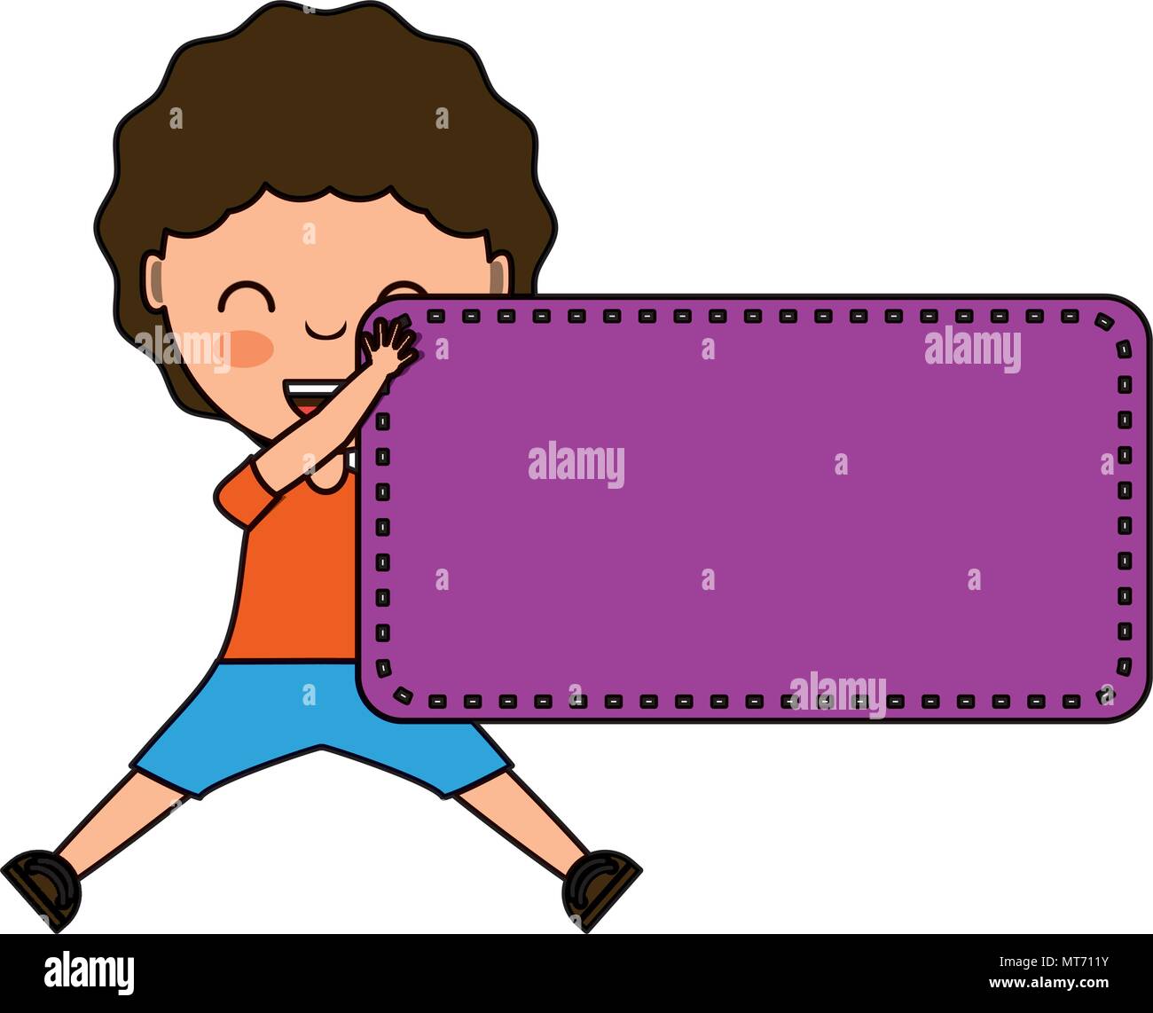 cartoon boy with decorative banner over white background, colorful ...