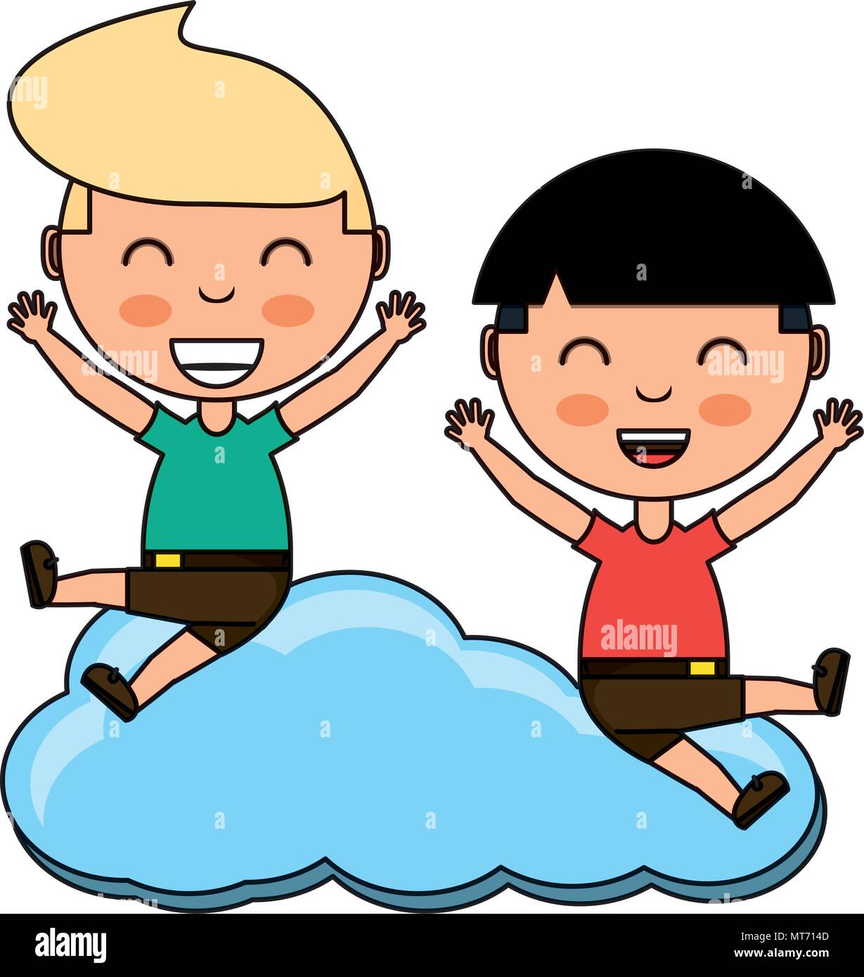cartoon happy boys on a cloud over white background, colorful design ...
