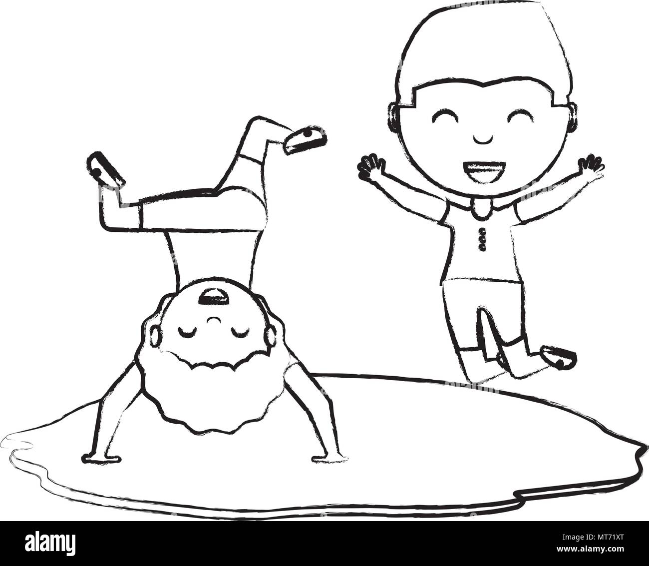 cartoon kids jumping and standing upside down in the grass over white ...