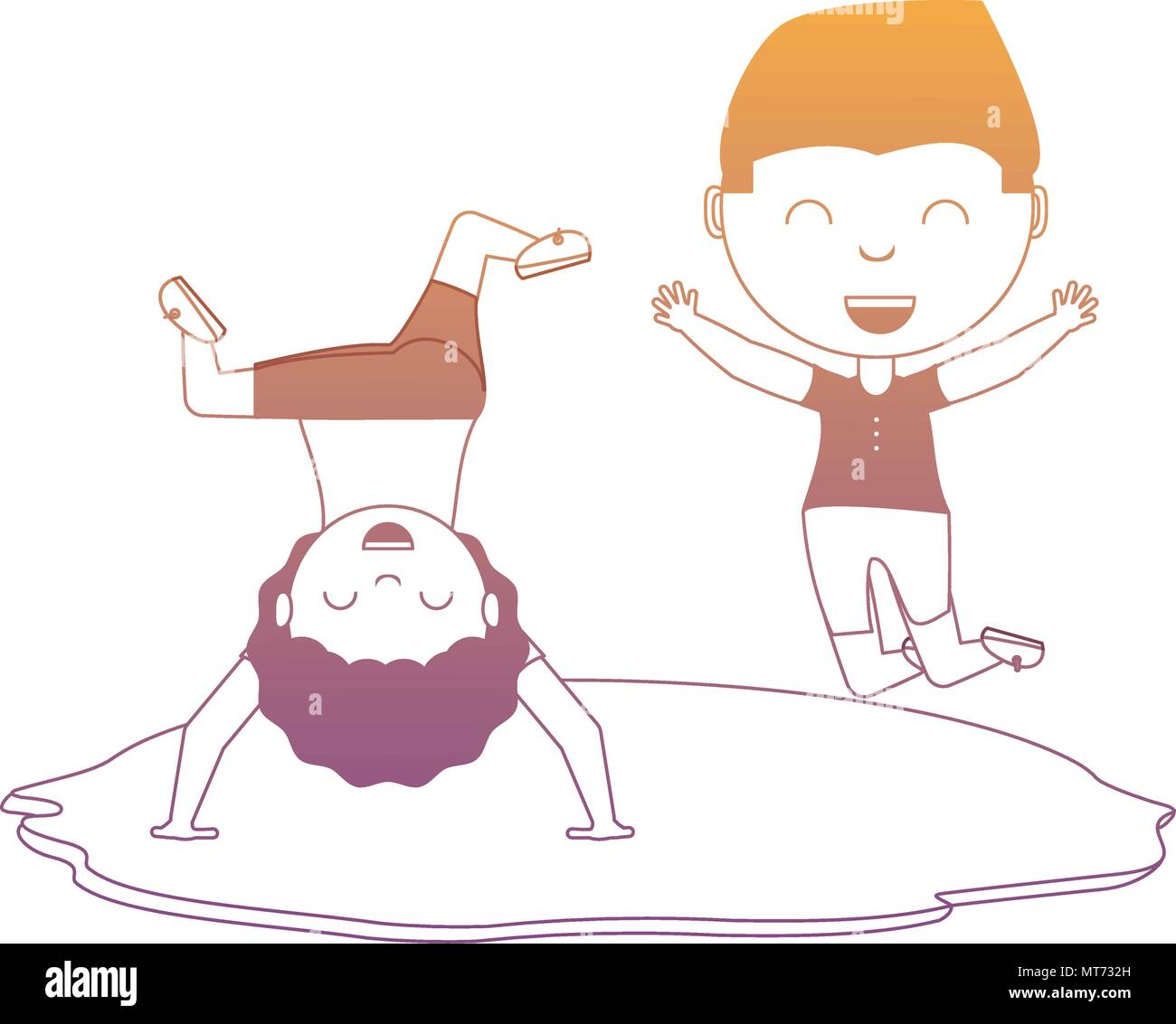 cartoon kids jumping and standing upside down in the grass over white ...