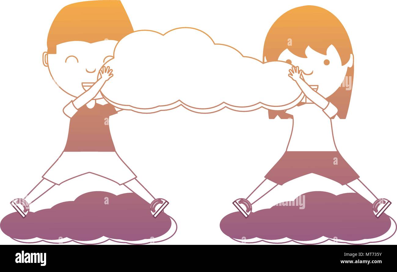 cartoon happy kids playing with a cloud over white background, colorful ...