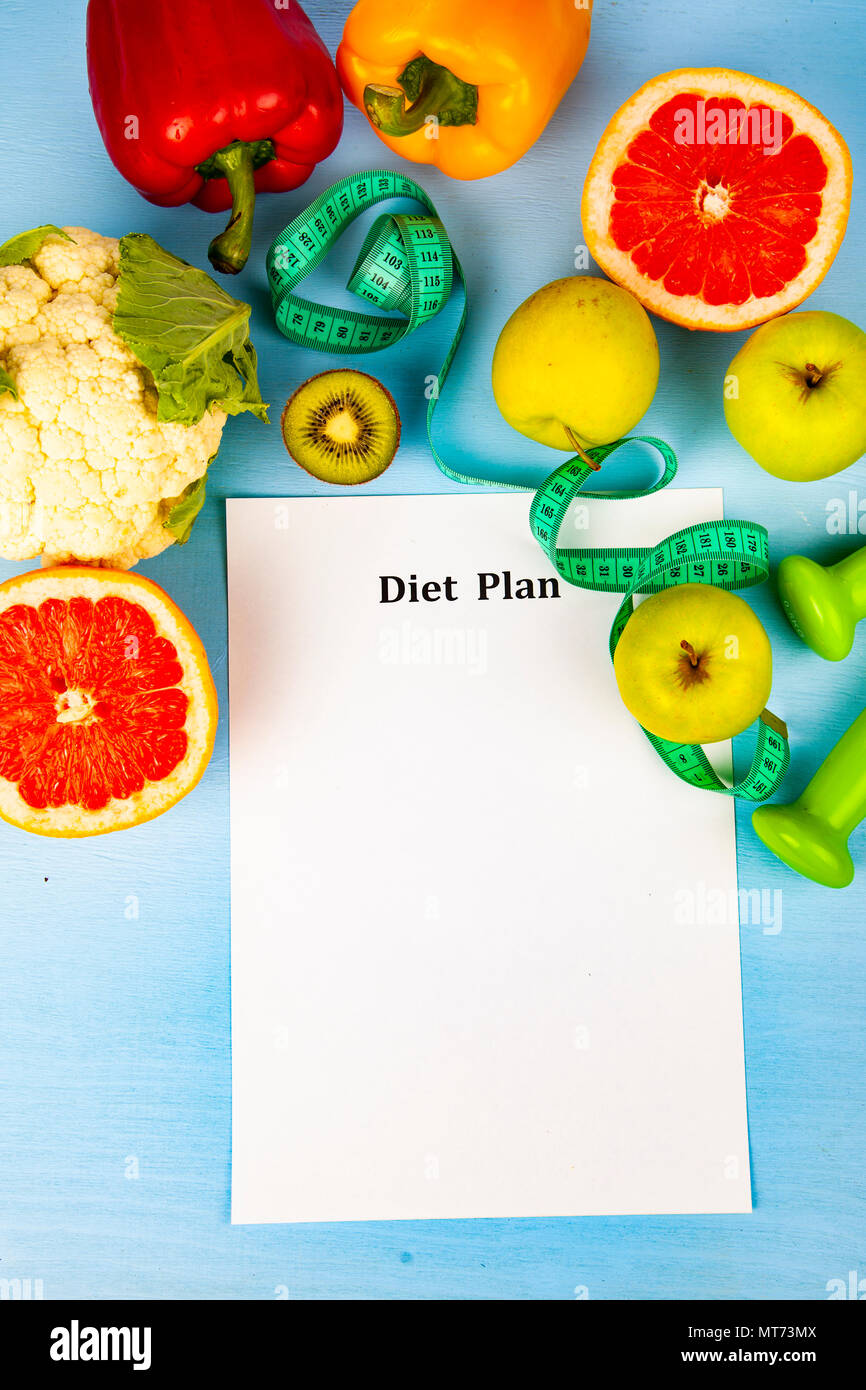 Food and sheet of paper with a diet plan on a blue wooden background ...