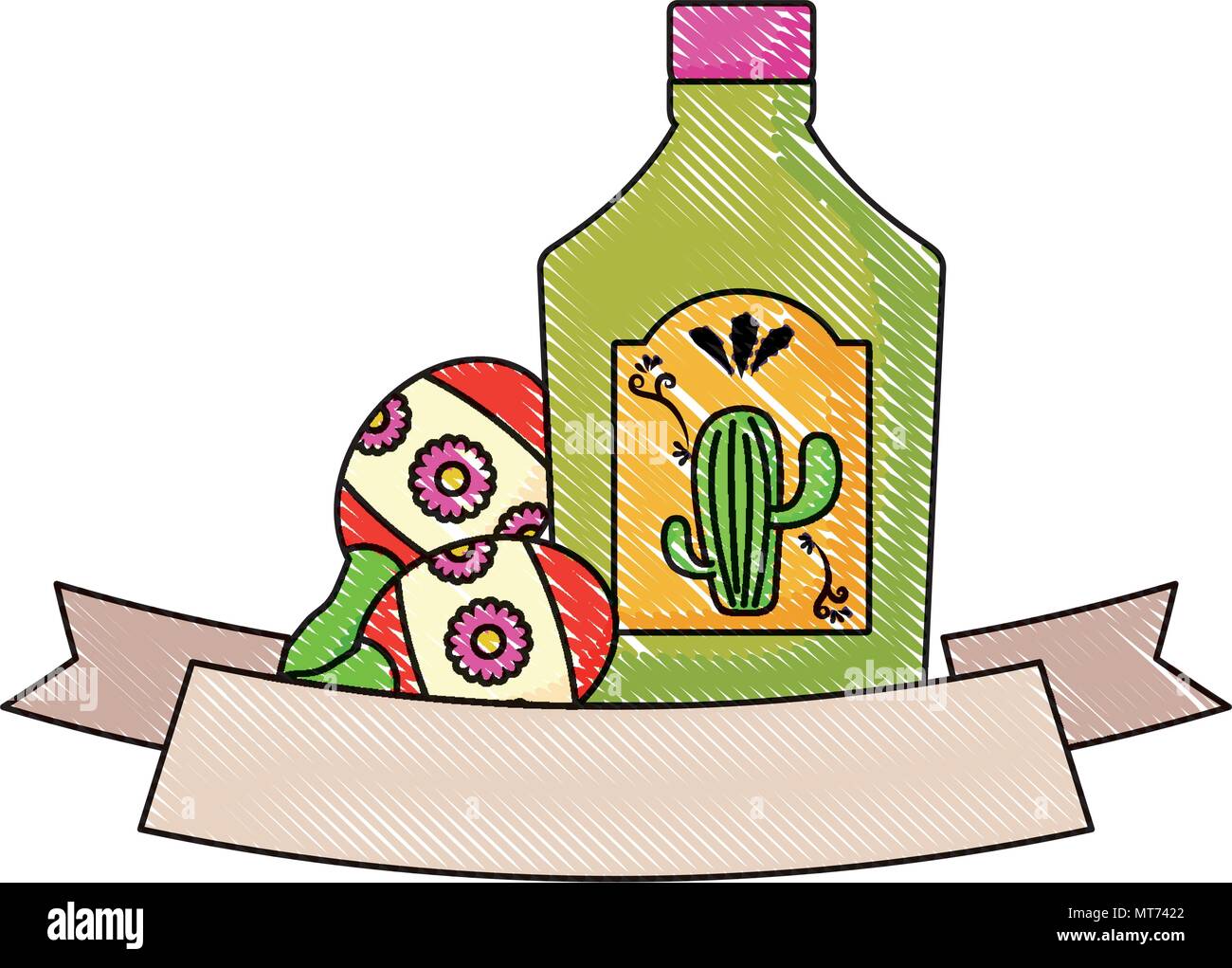 decorative ribbon with tequila bottle and maracas over white background ...