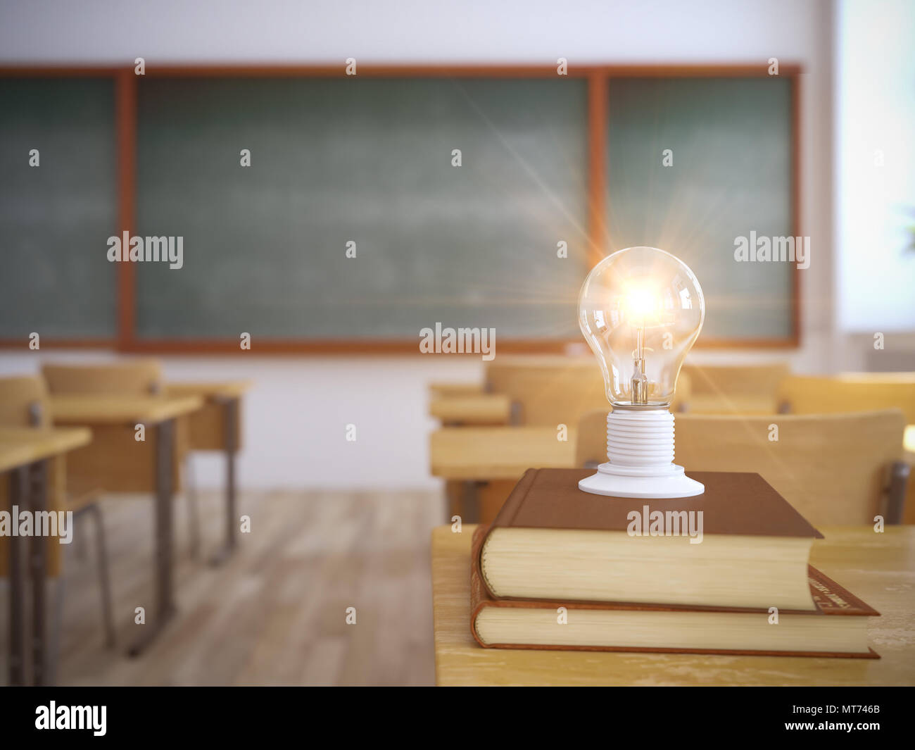 light bulb on books in empty school classroom. 3d rendering Stock Photo ...