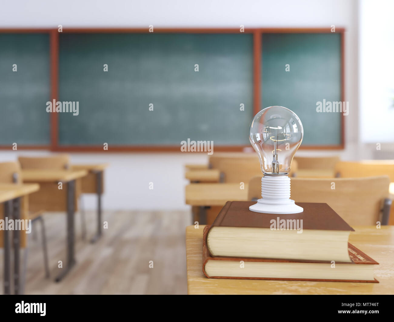 light bulb on books in empty school classroom. 3d rendering Stock Photo ...