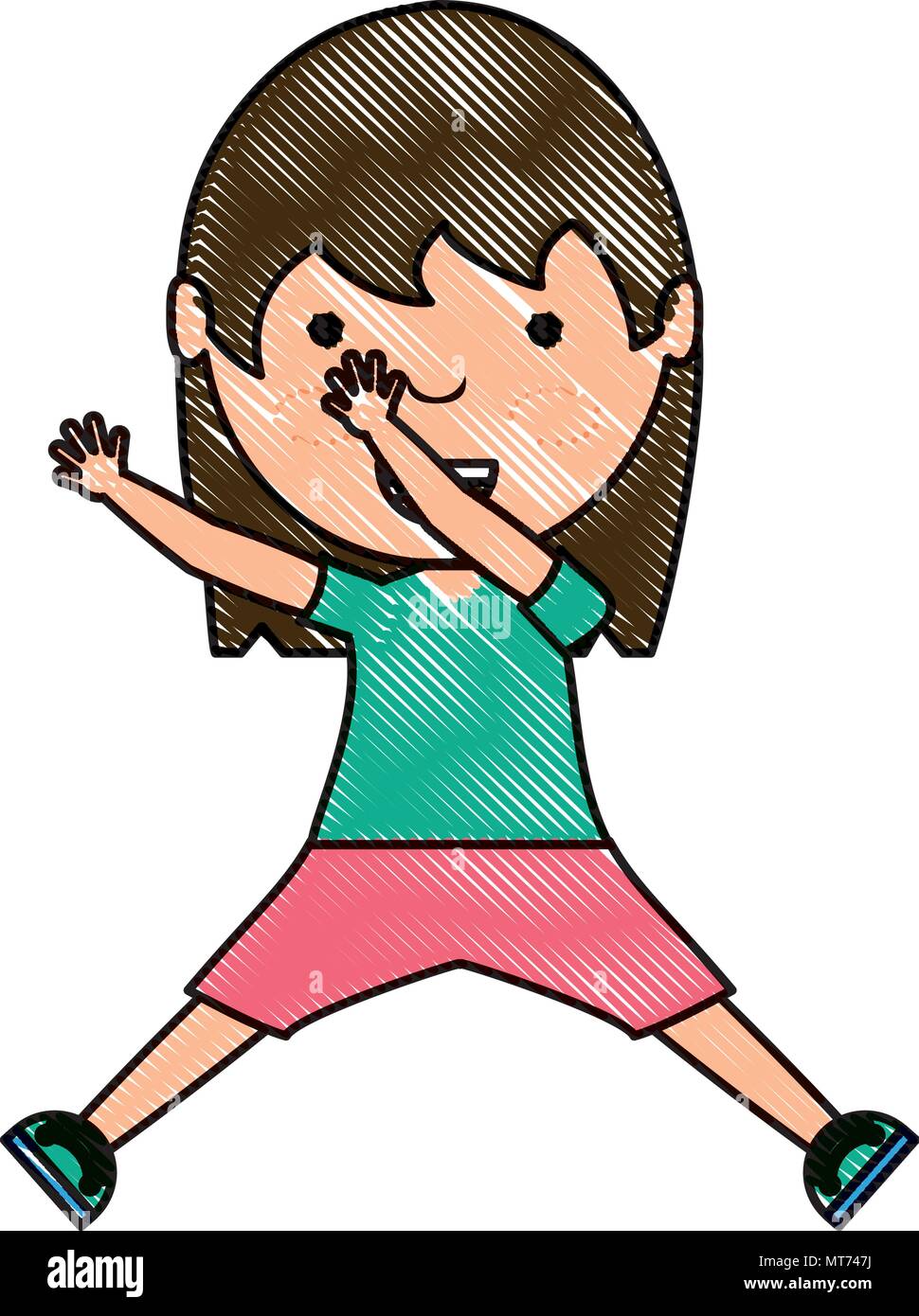 cartoon happy girl jumping over white background, colorful design ...