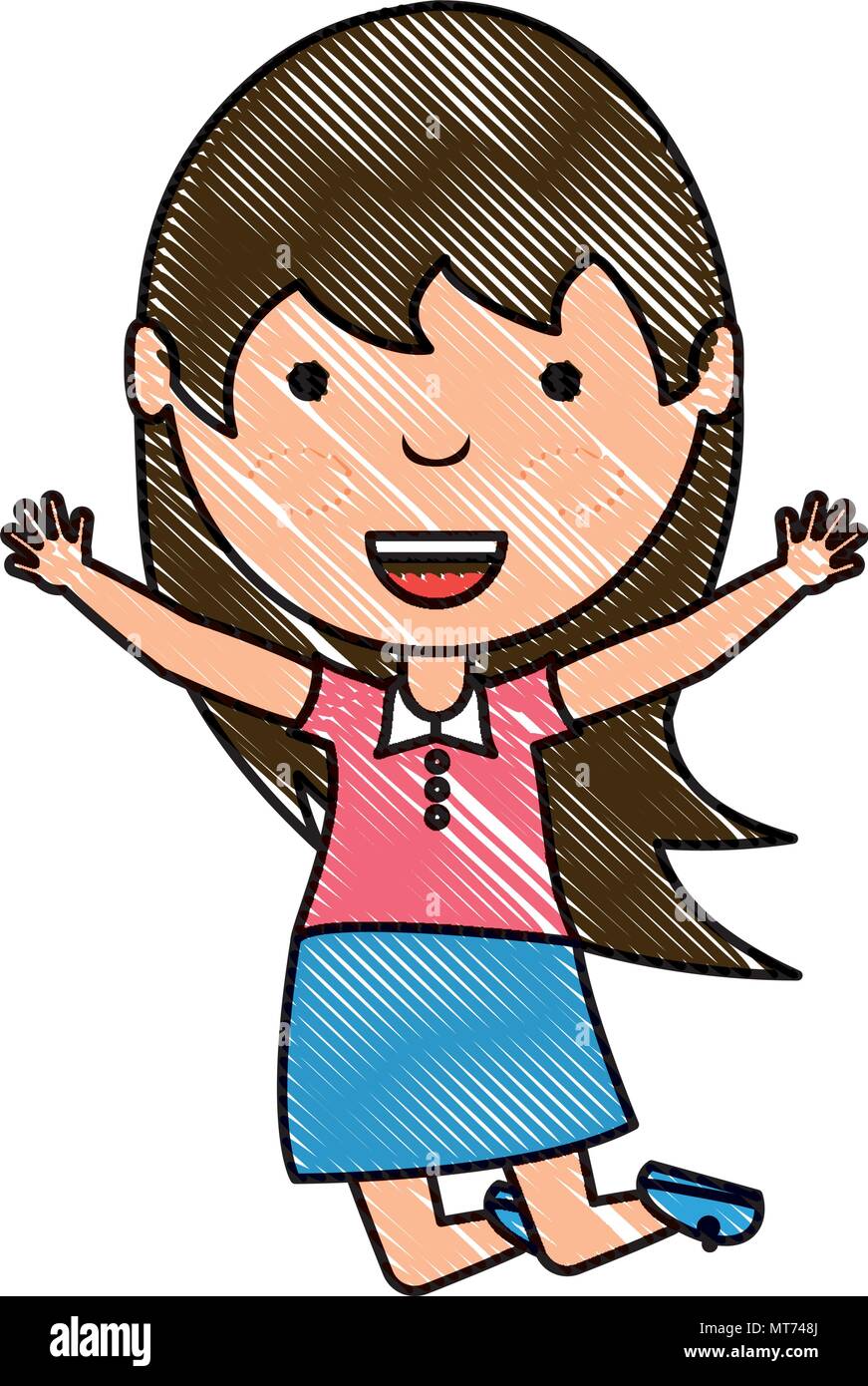 cartoon happy girl jumping over white background, colorful design ...