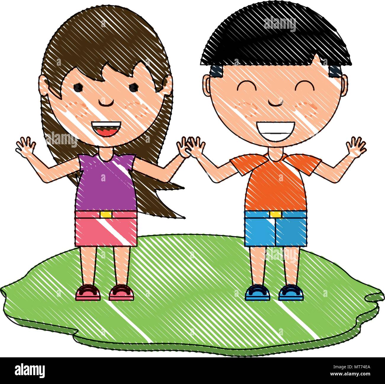 cartoon cute kids standing in the grass over background, vector ...