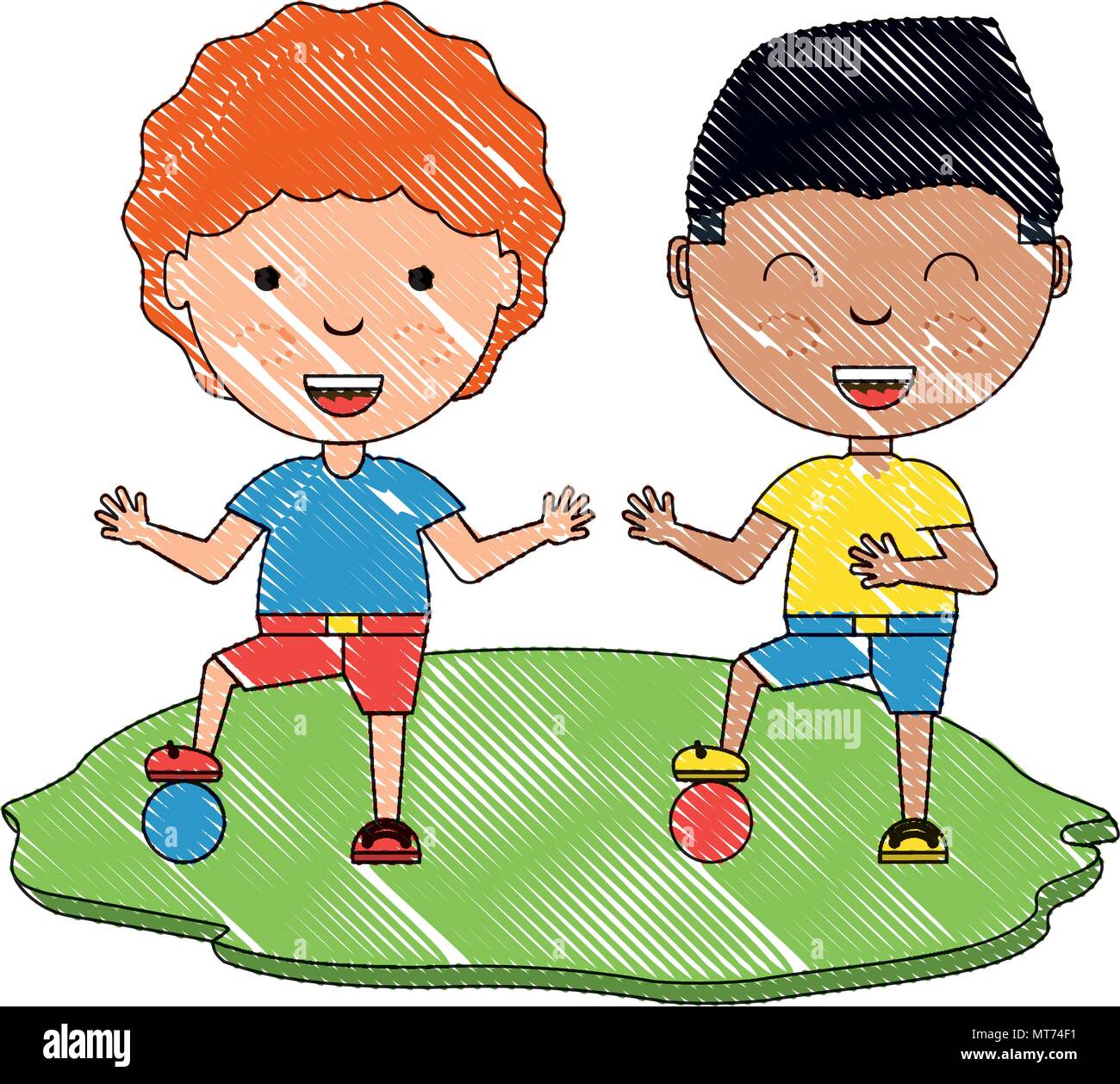 cartoon happy kids playing in the grass over white background, colorful ...
