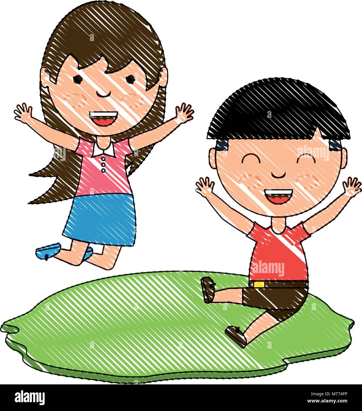 cartoon happy kids jumping in the grass over white background, vector ...