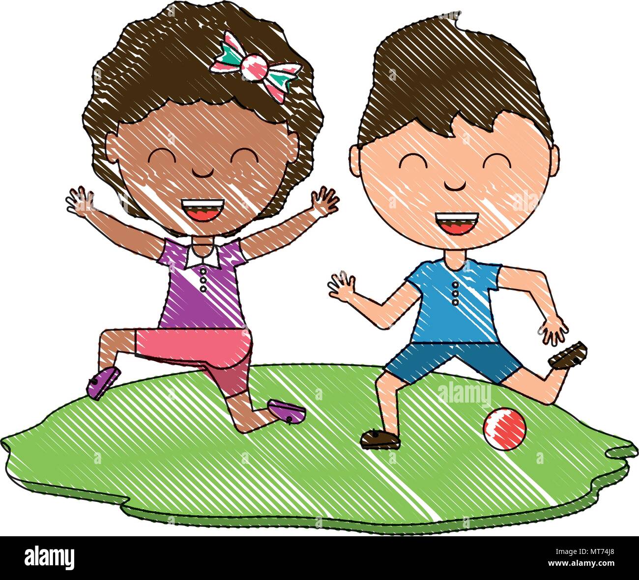 cartoon kids playing with a ball in the grass over white background ...