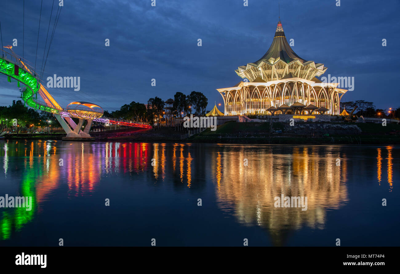 Kuching waterfront at night with the Sarawak River and National ...