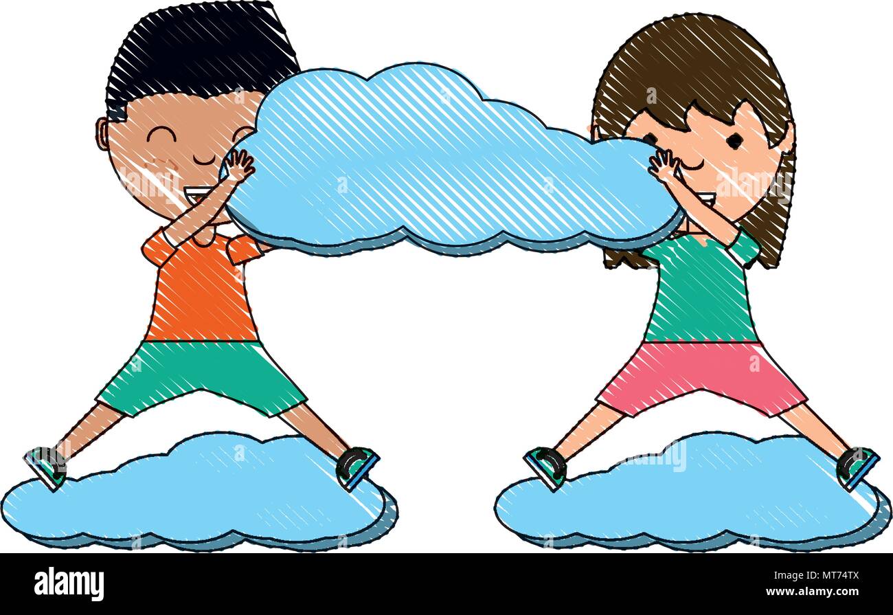 cartoon happy kids playing with a cloud over white background, colorful ...