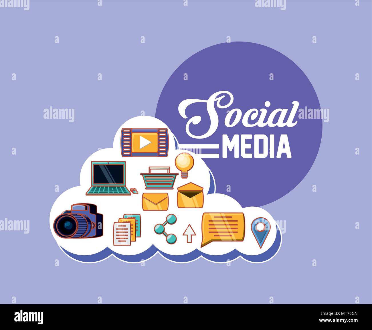 social media related icons over purple background, colorful design ...