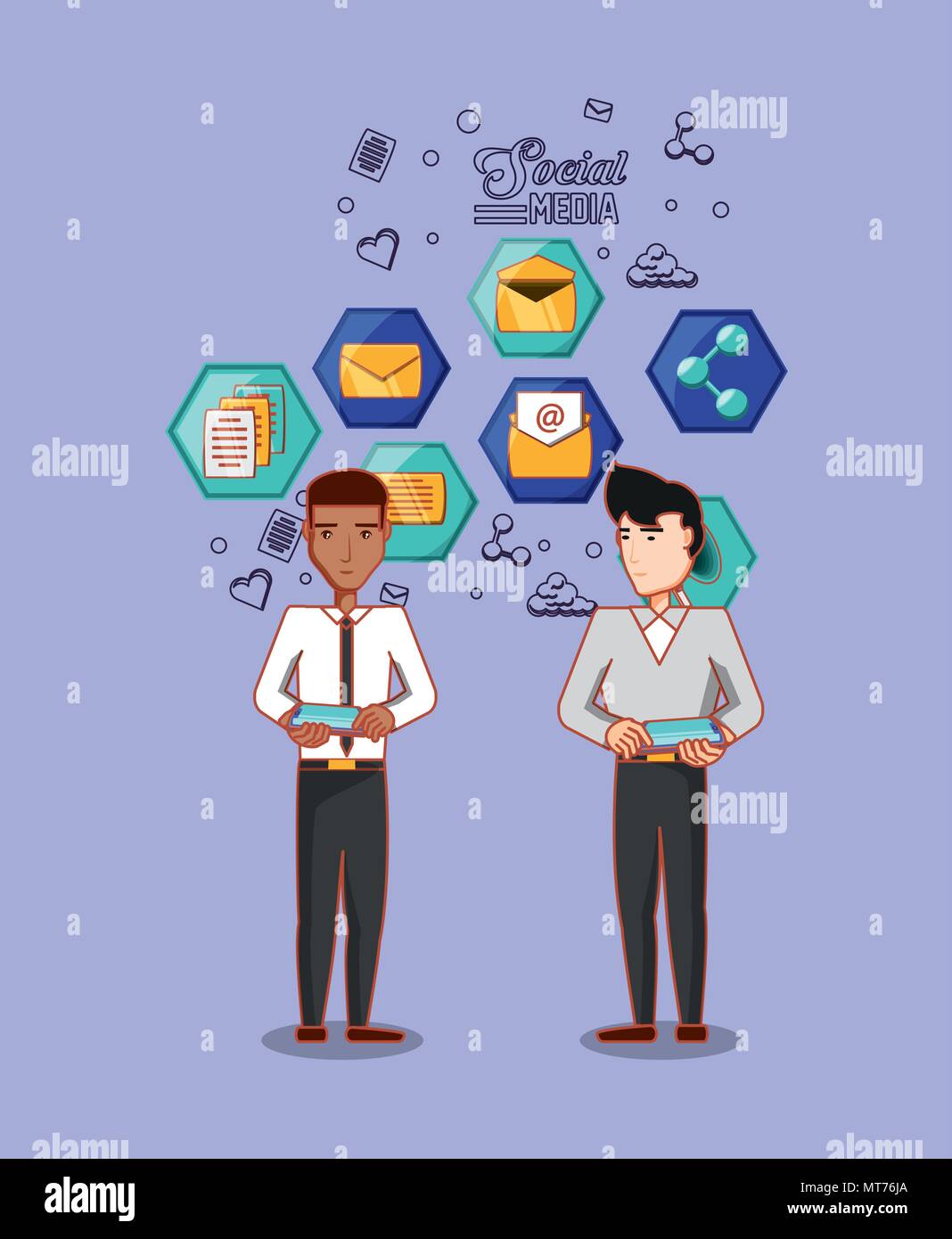 cartoon men with social media related icons over purple background ...