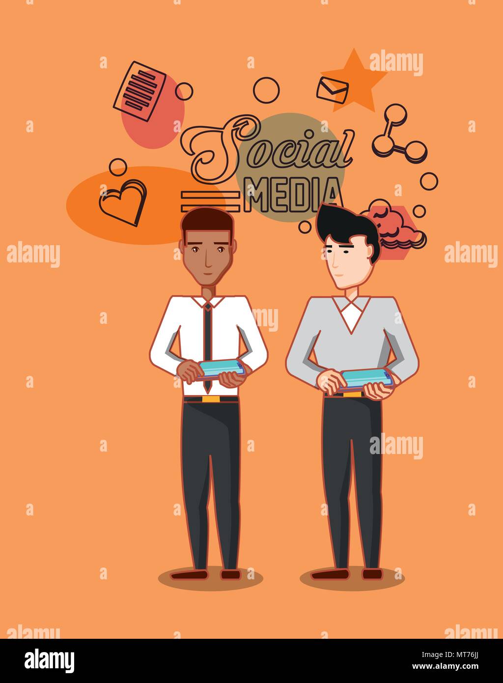 cartoon businessmen with social media related icons over orange ...