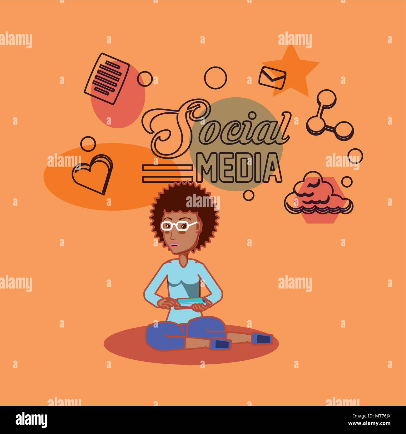 social media design with cartoon woman and related icons over orange ...