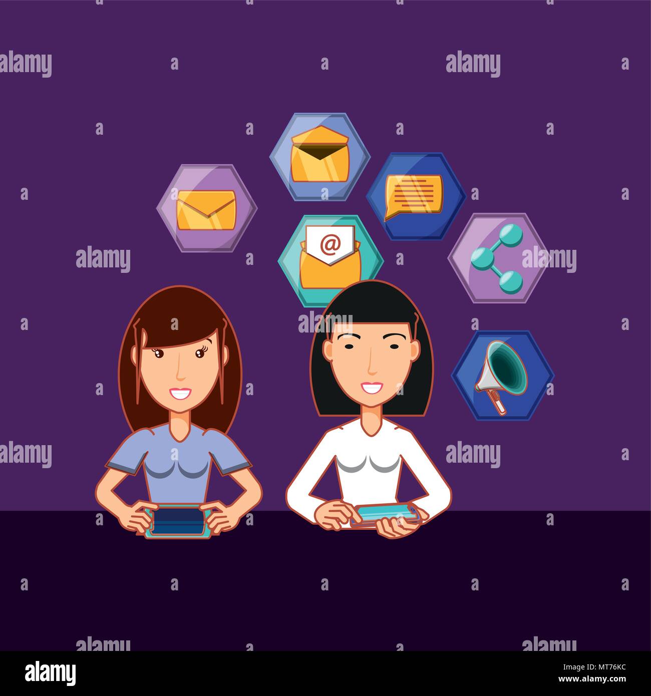 cartoon women with social media related icons over purple background ...