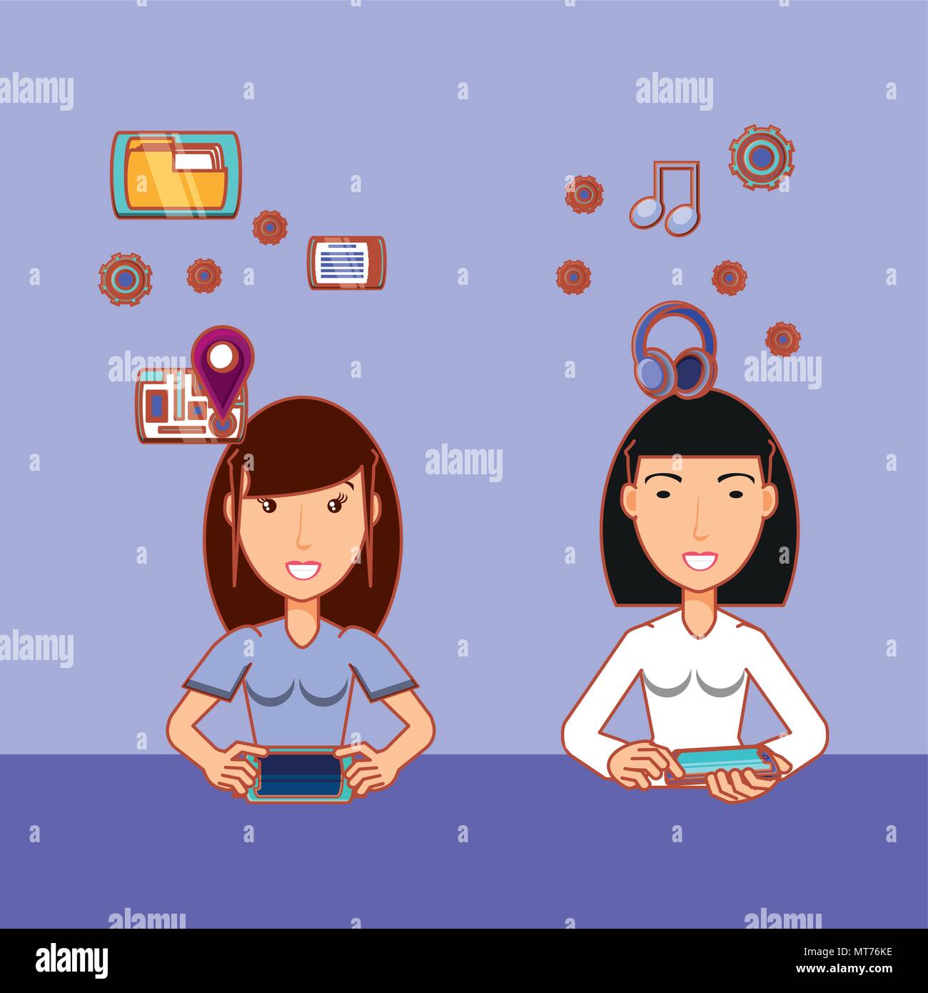 cartoon women with social media related icons over purple background ...