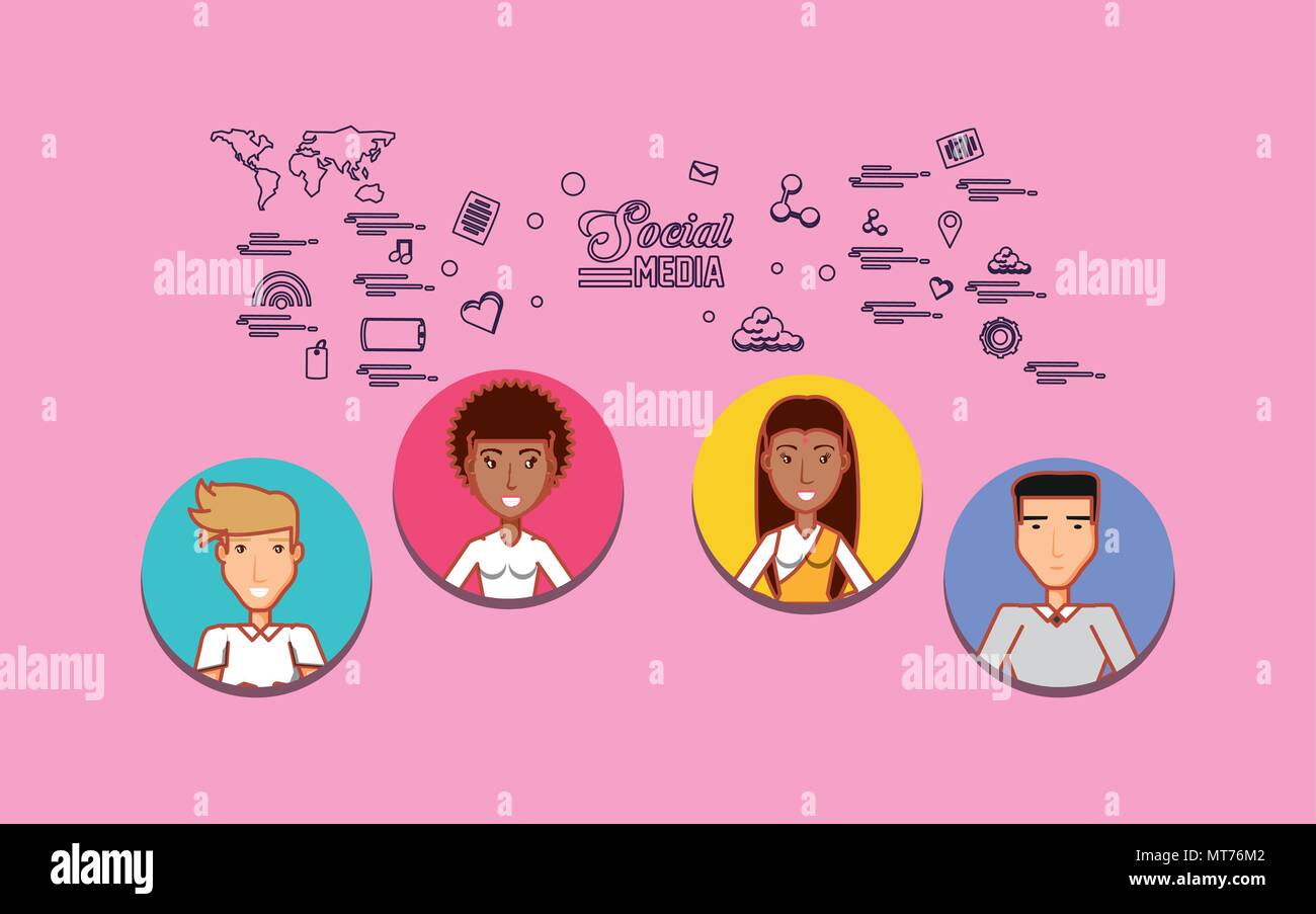 cartoon people with social media related icons over pink background ...