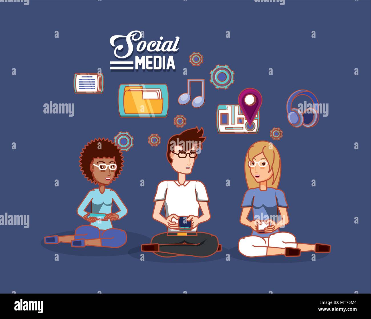 cartoon people standing with social media related icons over purple ...
