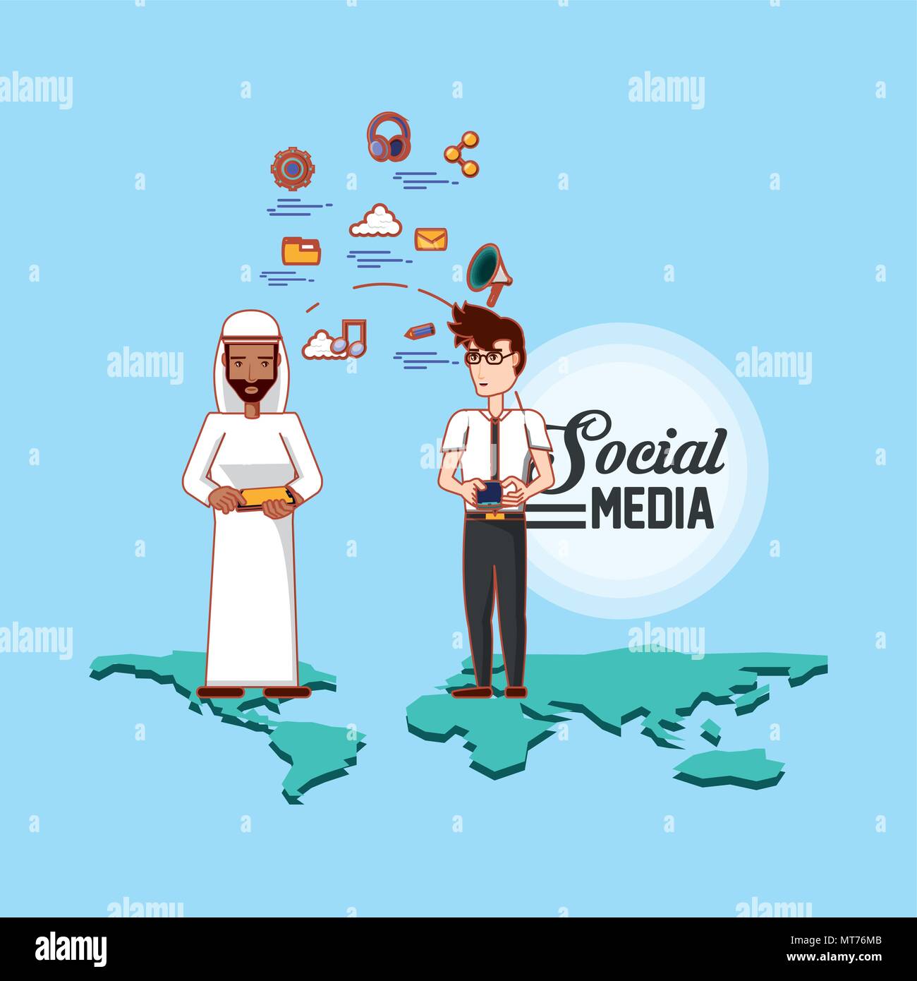 cartoon men with social media related icons over blue background ...