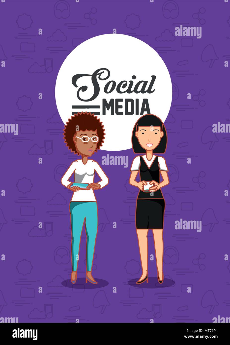 social media design with cartoon women over purple background, colorful ...