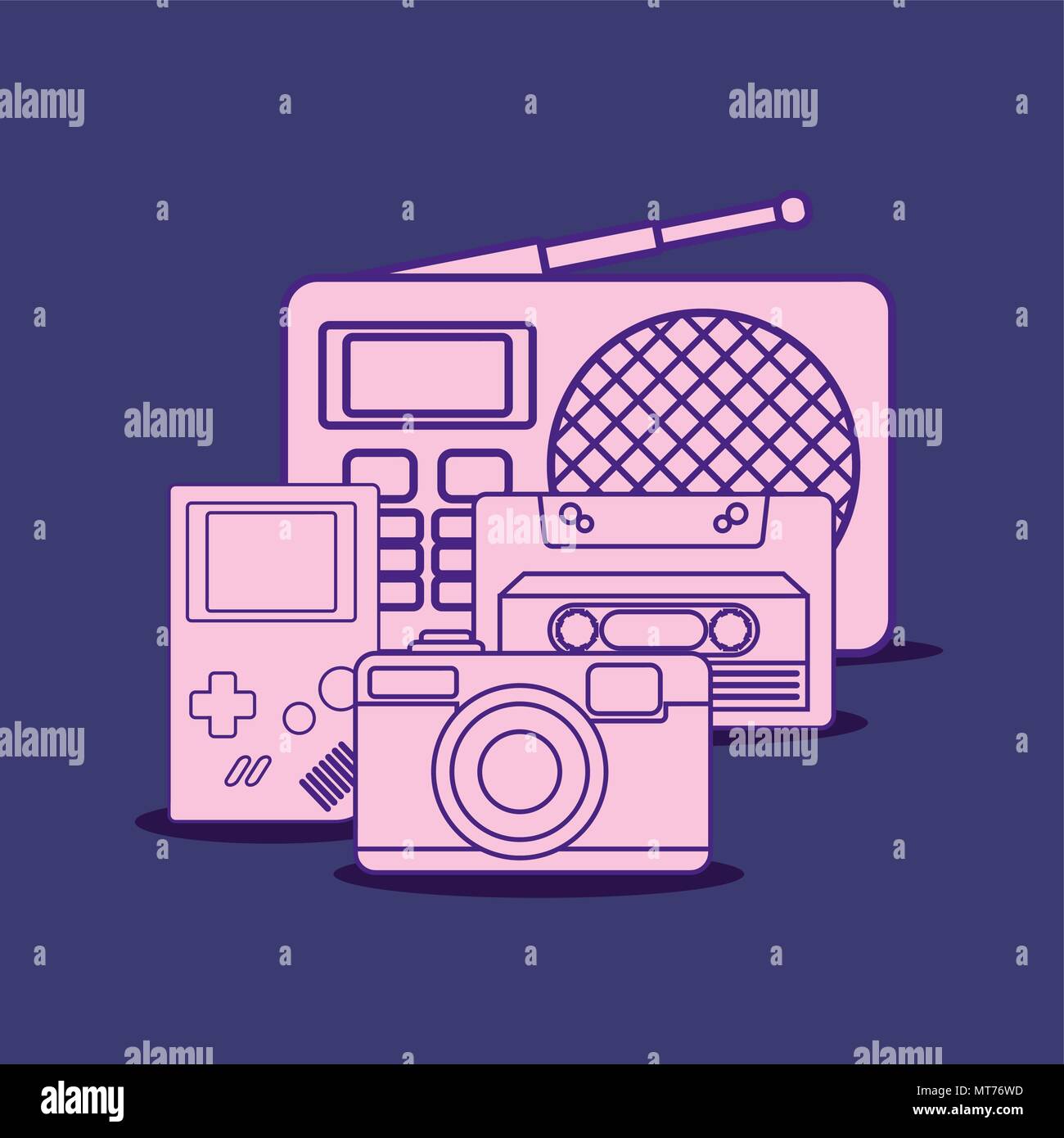 retro radio and related icons over purple background, vector ...