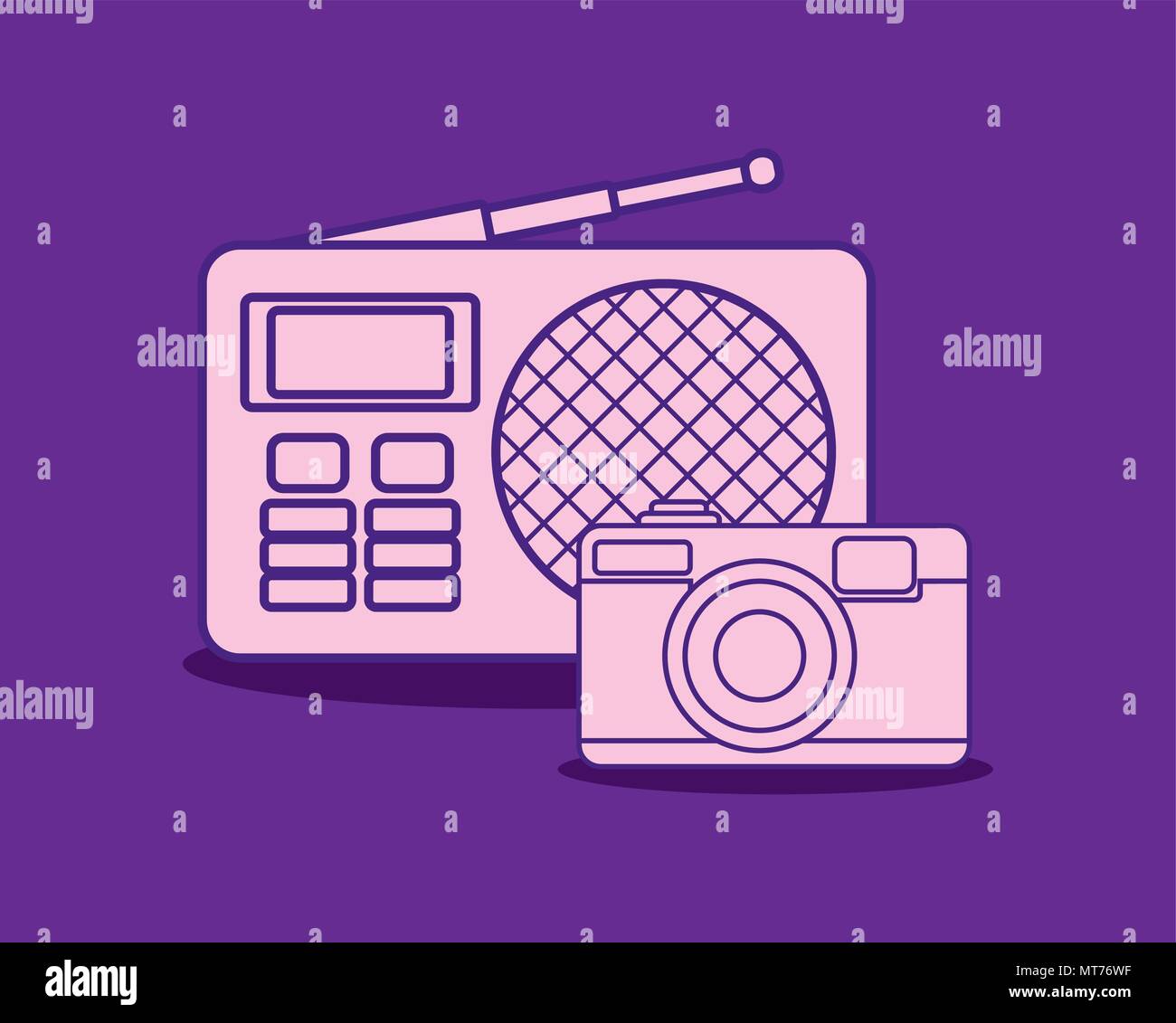 retro radio and camera icon over purple background, colorful line ...