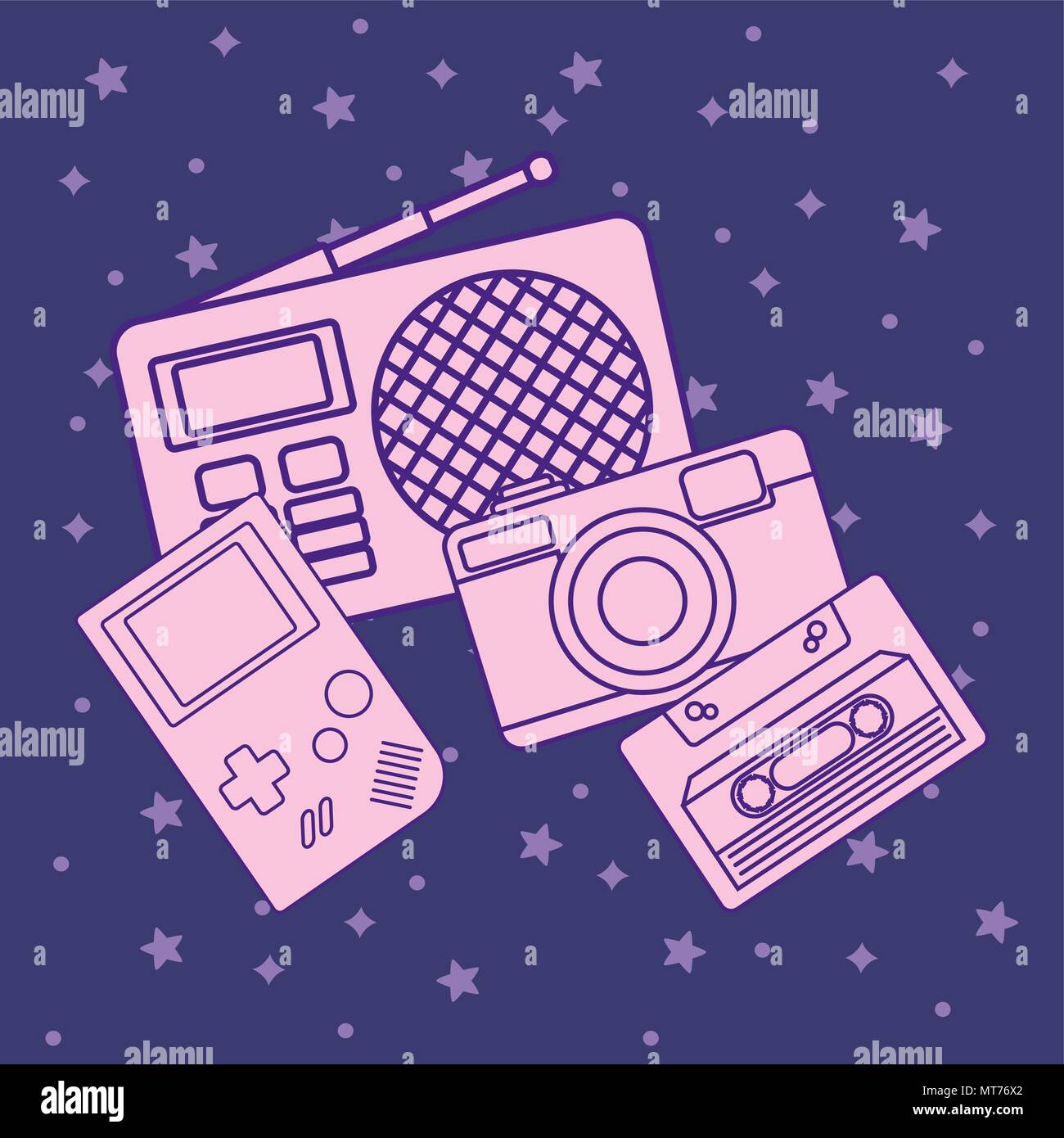 retro radio and related icons over purple background, colorful line ...
