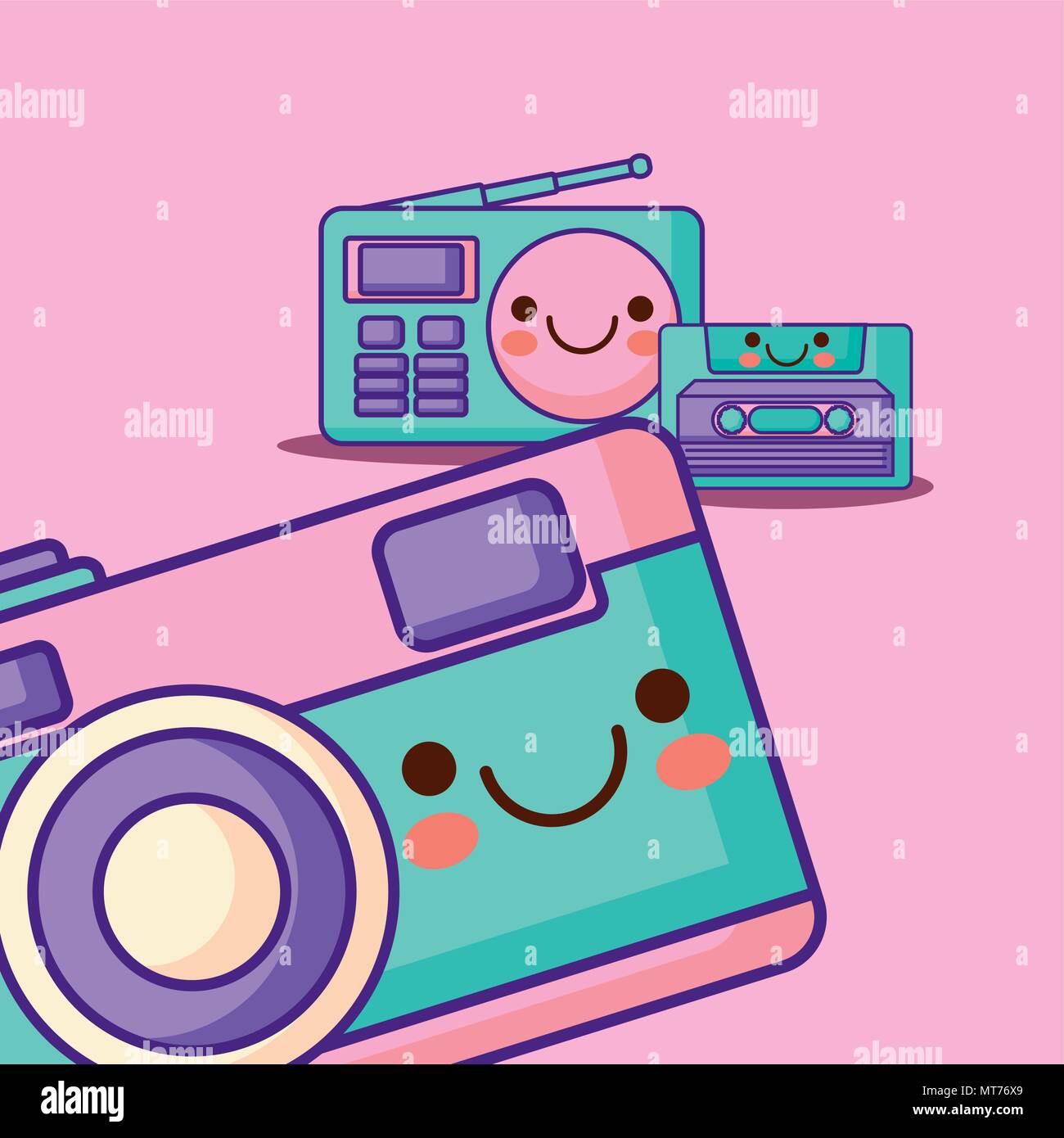 kawaii photographic camera and related icons over pink background ...