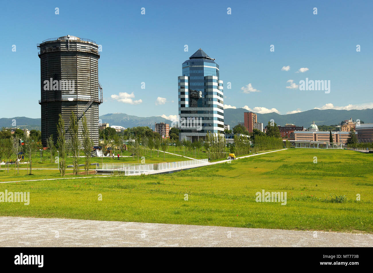 Brescia,Lombardy,Italy,commercial building and public park with ...