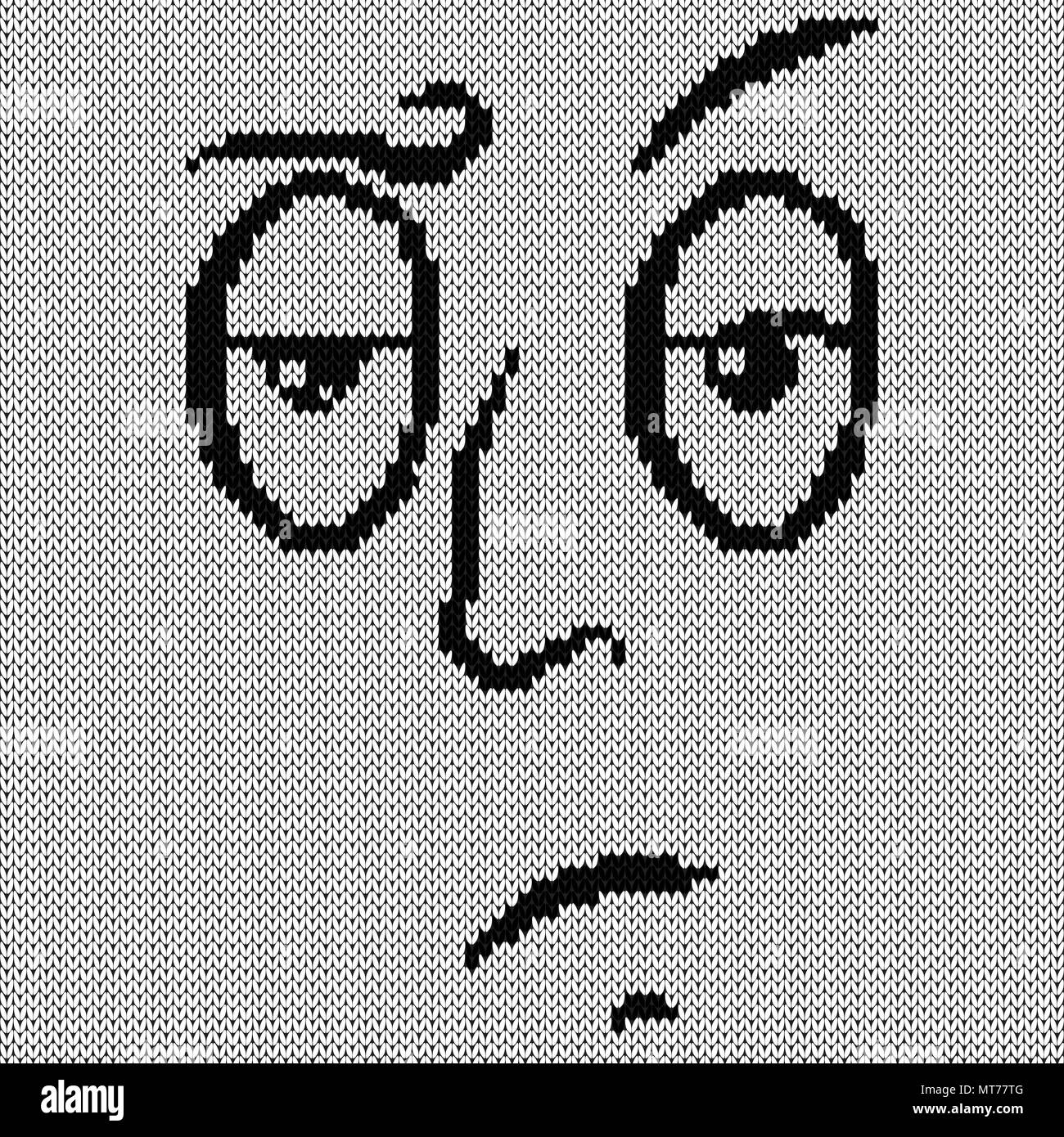 Black contour of distrustful grimace on the white background, knitting ...