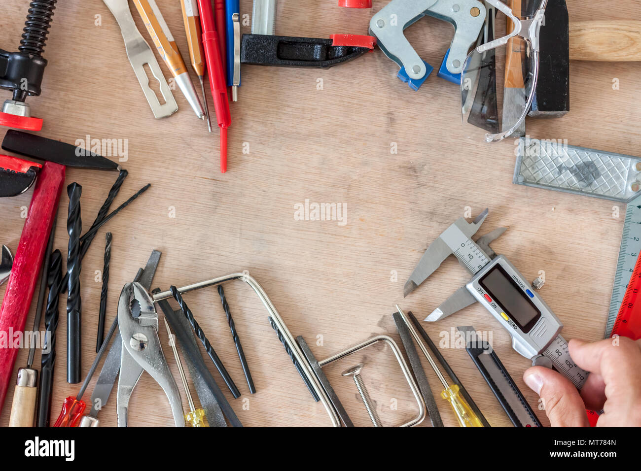 black and white many different tools in mess Stock Photo - Alamy