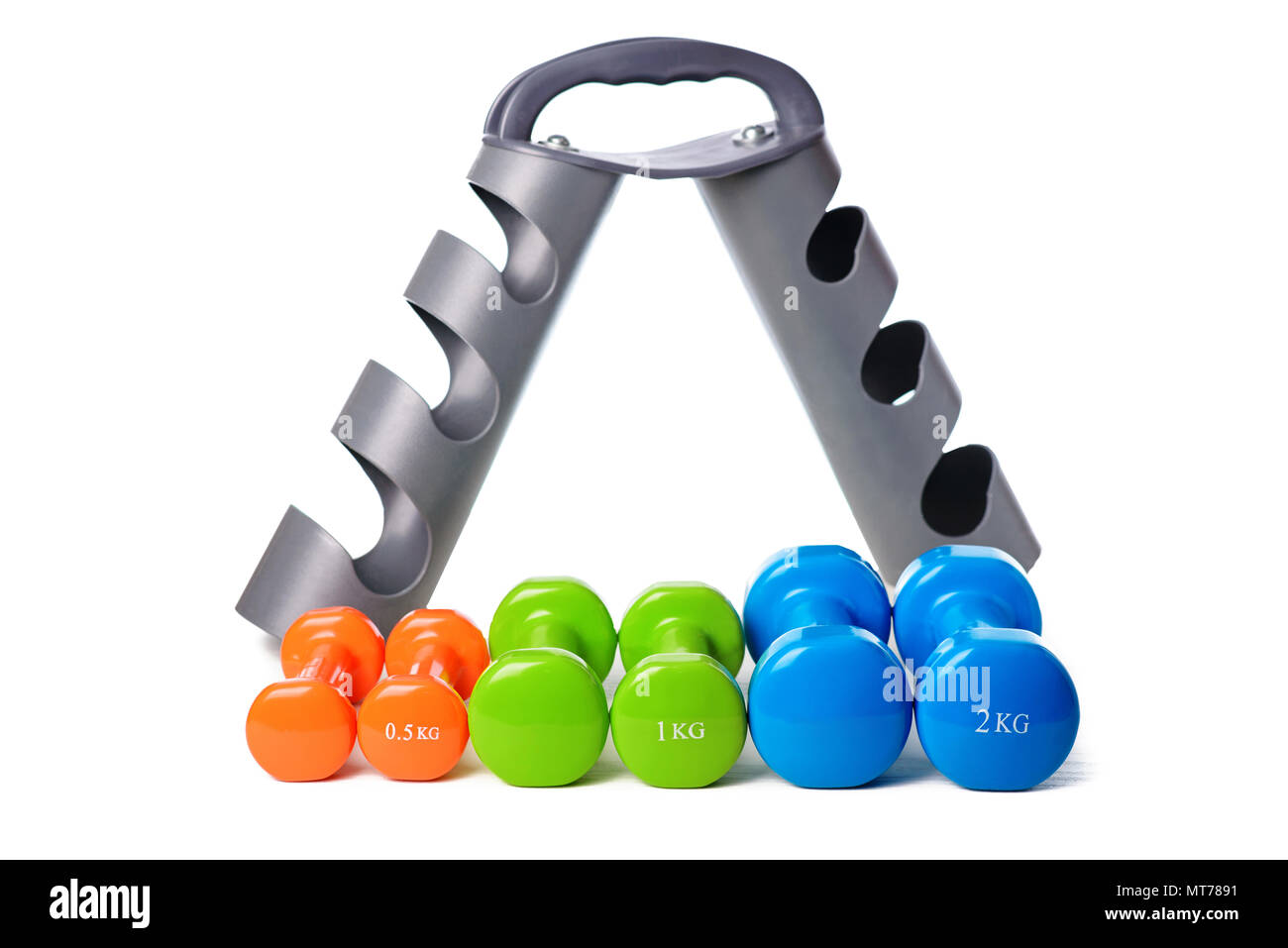 Set of colored isolated dumbbells for sport on a white background ...