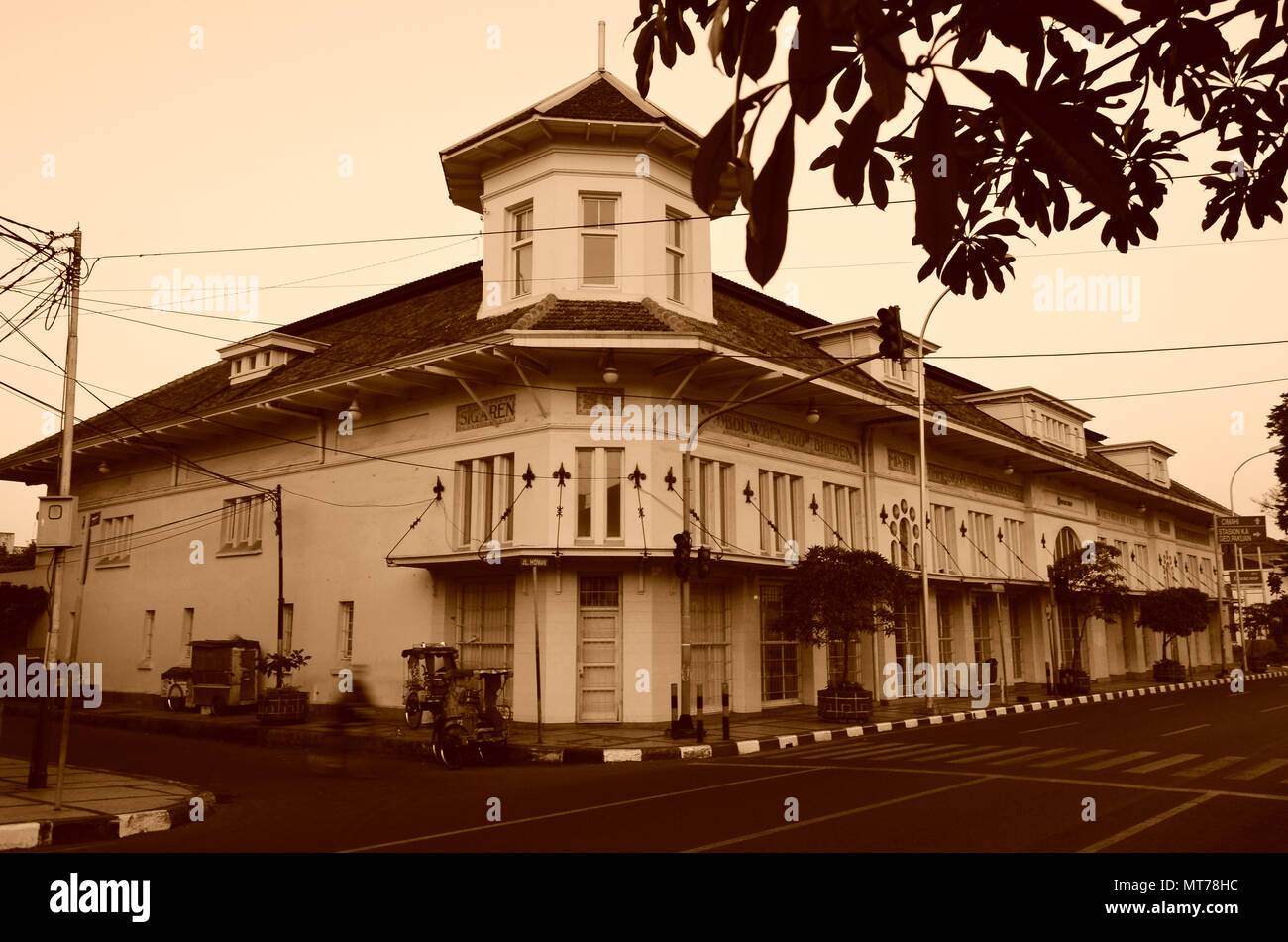 Vintage old building and historical colonial european dutch architecture in Bandung West Java ...