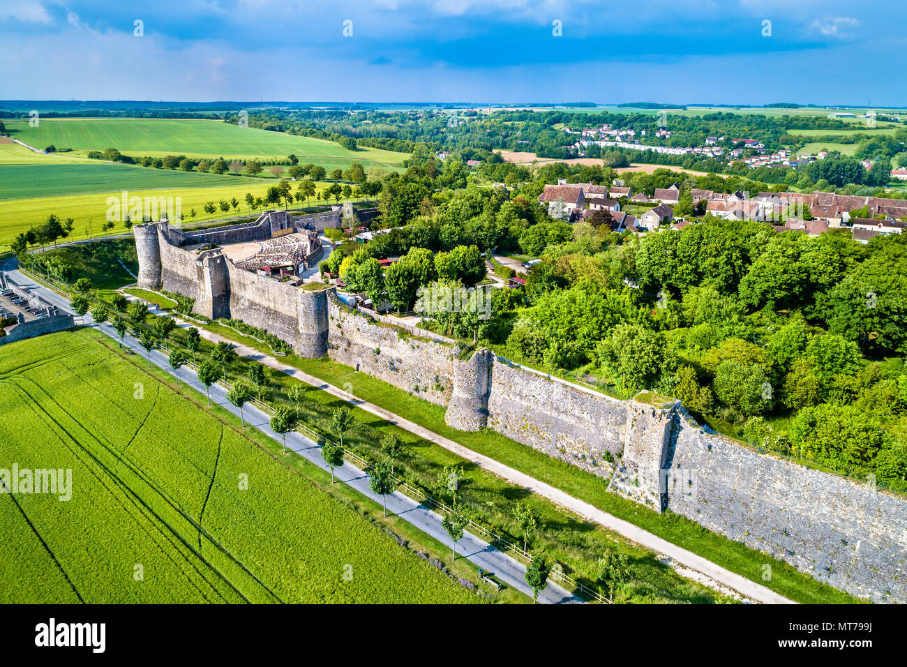 Aerial view of the city walls of Provins, a town of medieval fairs and ...